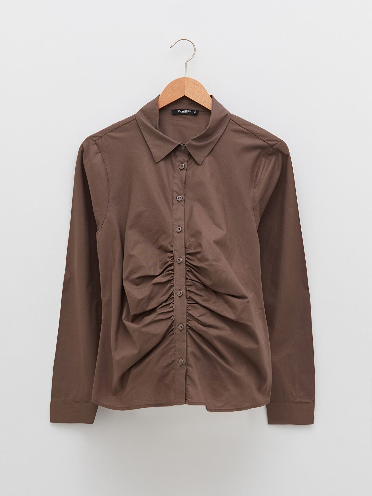 Büyük Beden Önden Düğme Kapamalı Düz Uzun Kollu Poplin Kadın Gömlek