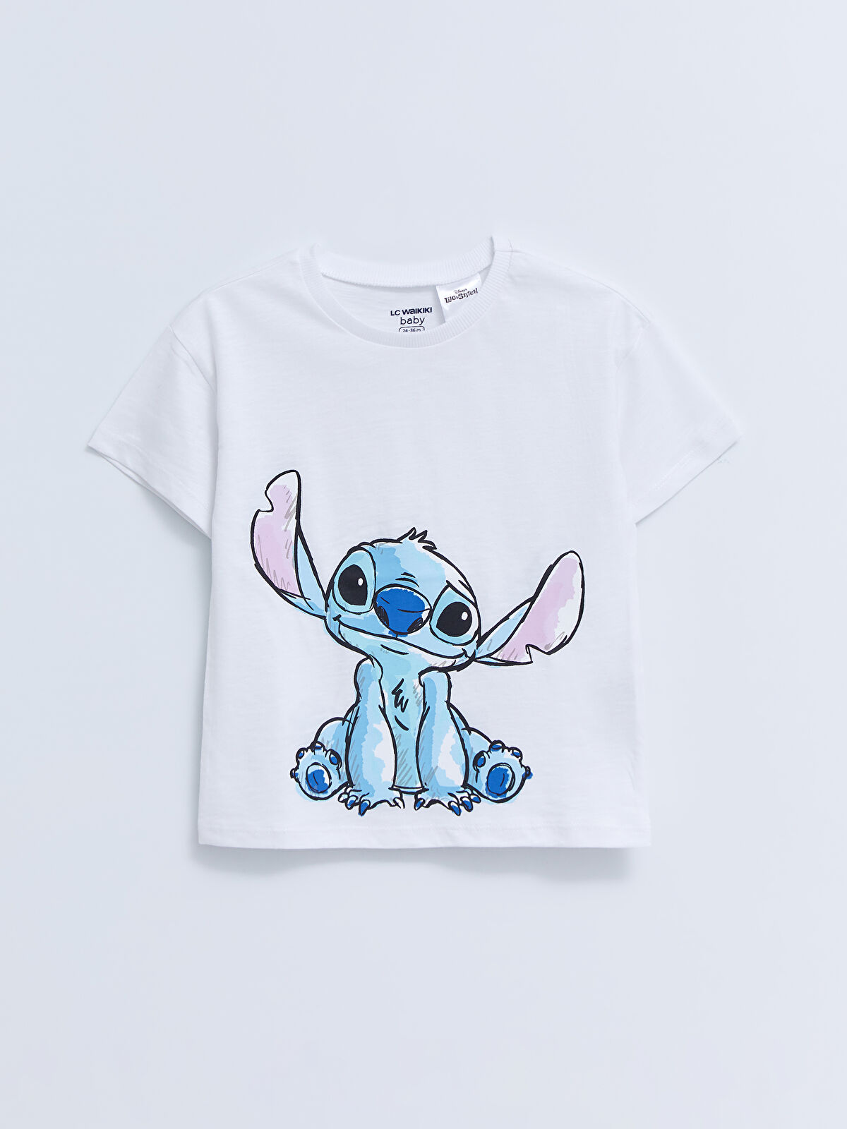 Bisiklet Yaka Kısa Kollu Lilo ve Stitch Baskılı Erkek Bebek Tişört