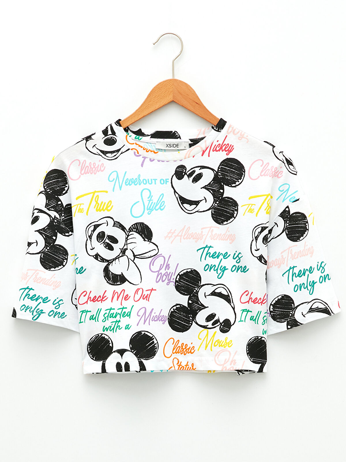 XSIDE Bisiklet Yaka Mickey Mouse Baskılı Kısa Kollu Pamuklu Crop Kadın Tişört