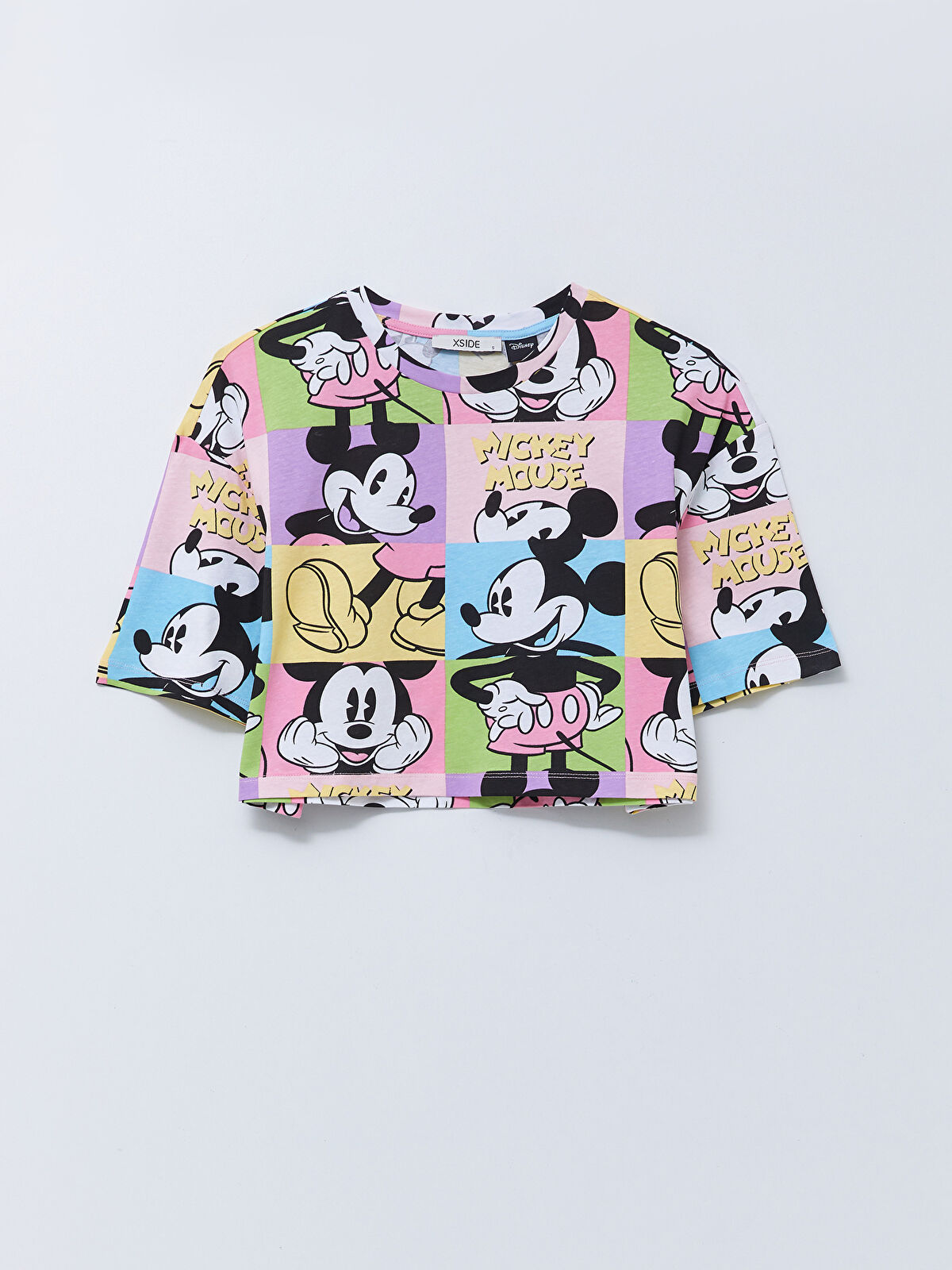 XSIDE Bisiklet Yaka Mickey Mouse Baskılı Kısa Kollu Pamuklu Crop Kadın Tişört