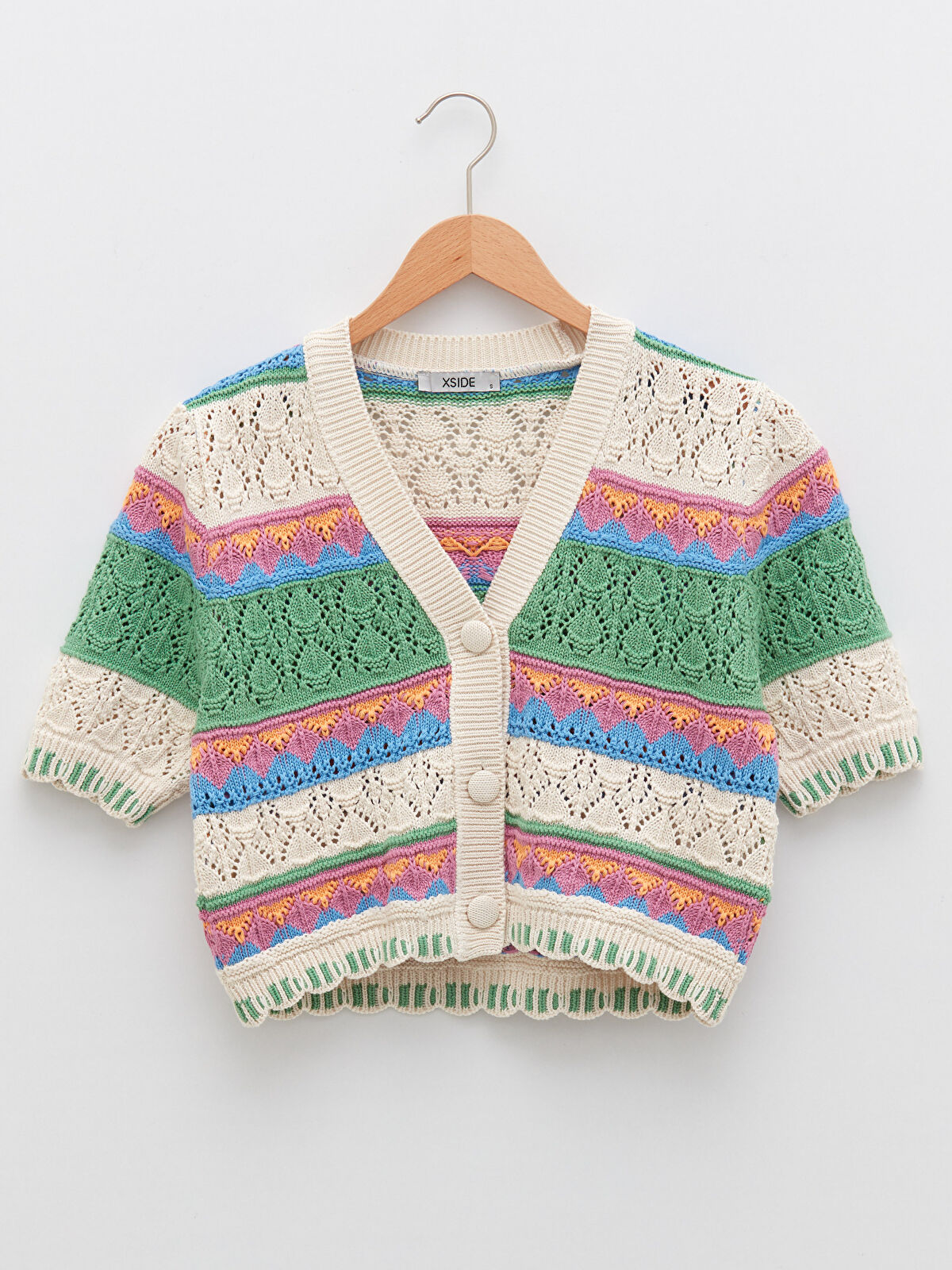 XSIDE V Yaka Desenli Kısa Kollu Kadın Triko Hırka