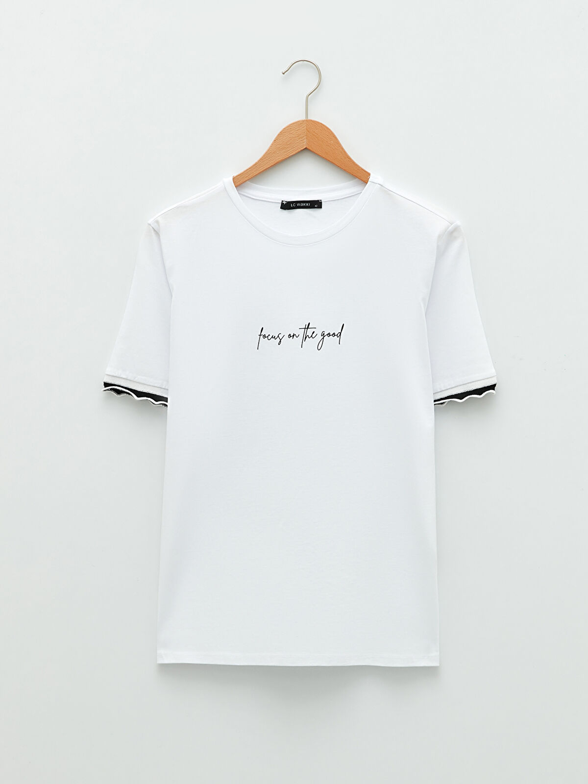 Büyük Beden Bisiklet Yaka Yazı Baskılı Kısa Kollu Pamuklu Kadın Tişört