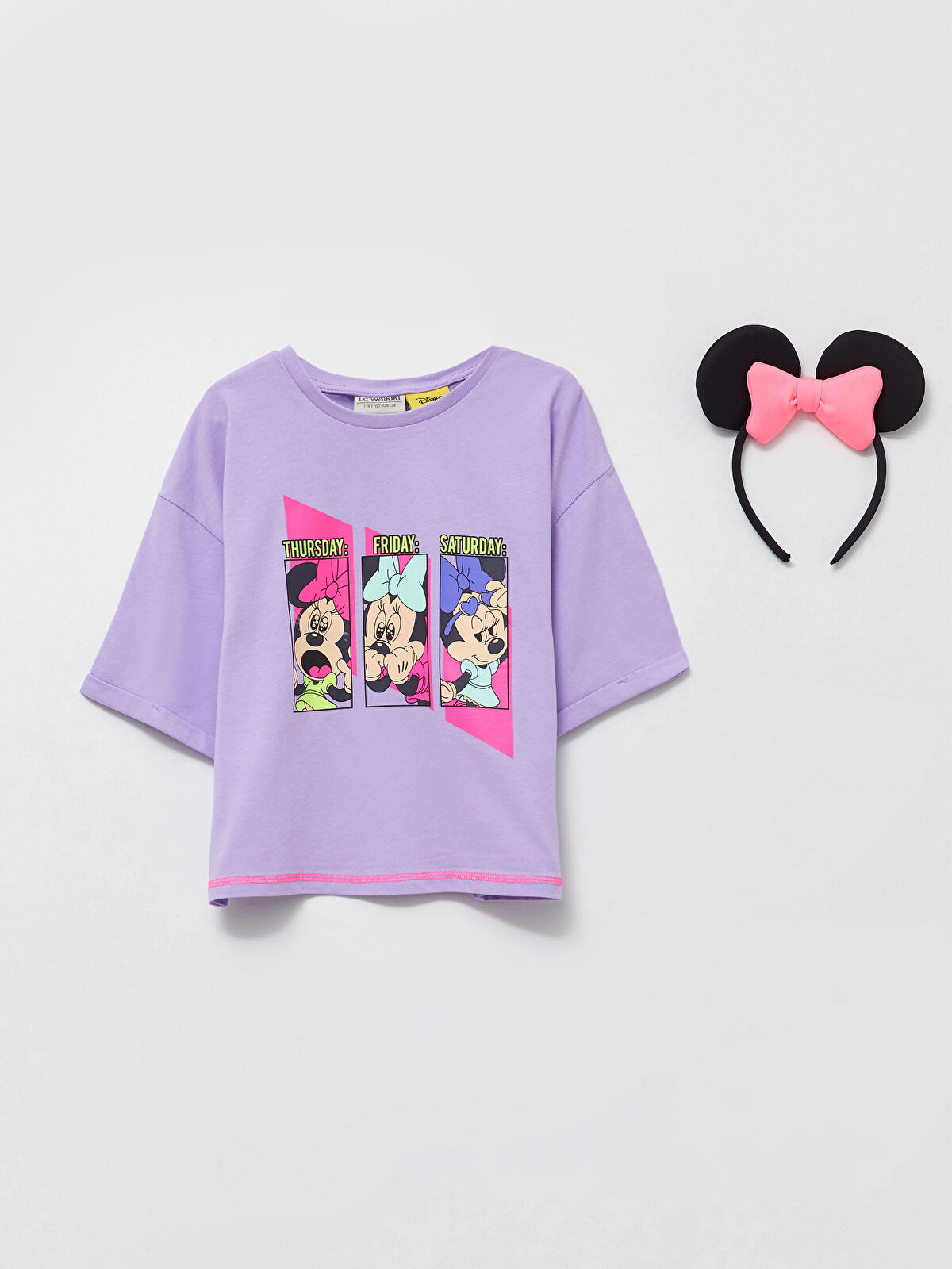 Bisiklet Yaka Minnie Mouse Baskılı Kısa Kollu Pamuklu Kız Çocuk Tişört ve Taç