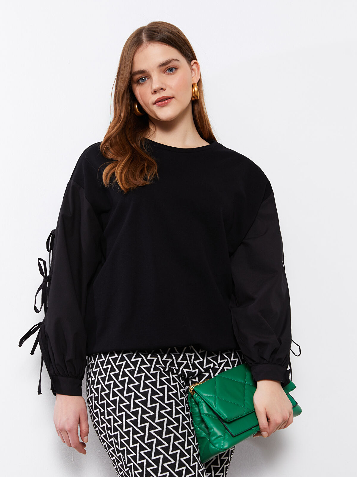 Büyük Beden Bisiklet Yaka Düz Uzun Kollu Kadın Sweatshirt