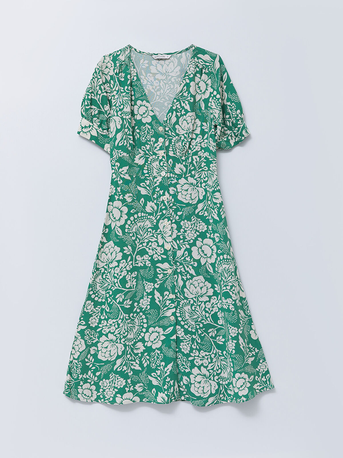 LCW CASUAL V Yaka Çiçekli Kısa Kollu Keten Kadın Elbise