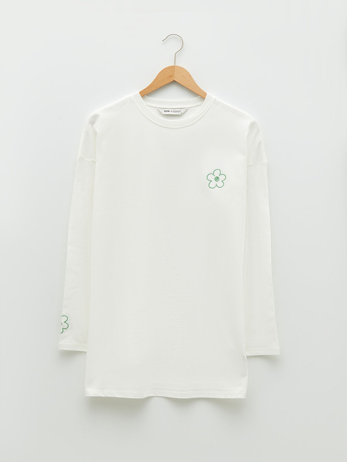 MODEST Bisiklet Yaka Nakışlı Uzun Kollu Oversize Pamuklu Kadın Tunik