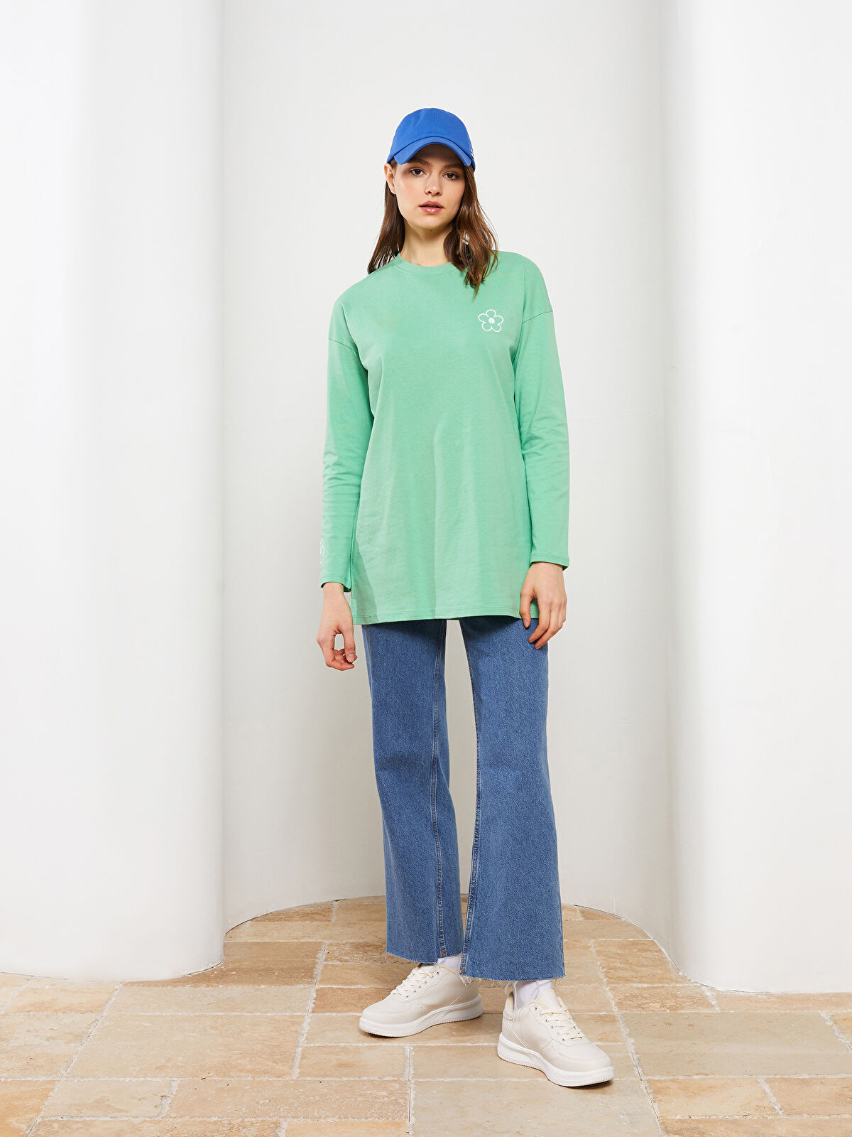 MODEST Bisiklet Yaka Nakışlı Uzun Kollu Oversize Pamuklu Kadın Tunik