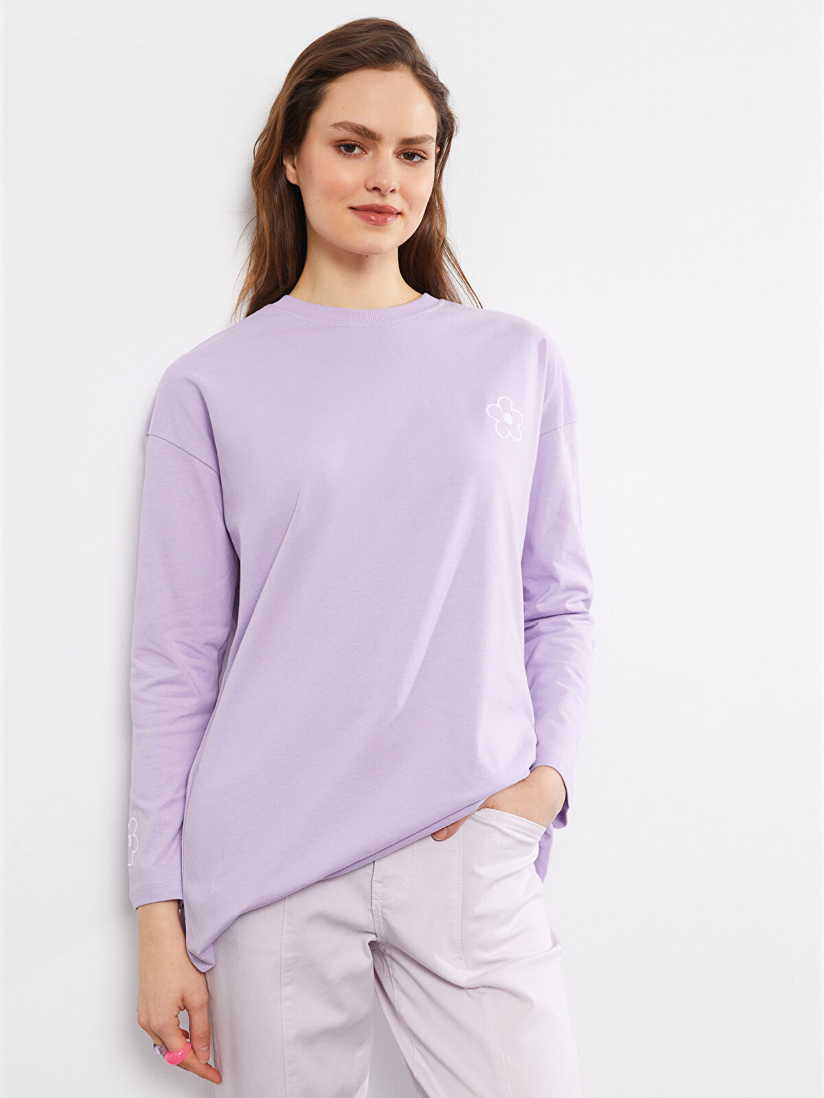 MODEST Bisiklet Yaka Nakışlı Uzun Kollu Oversize Pamuklu Kadın Tunik