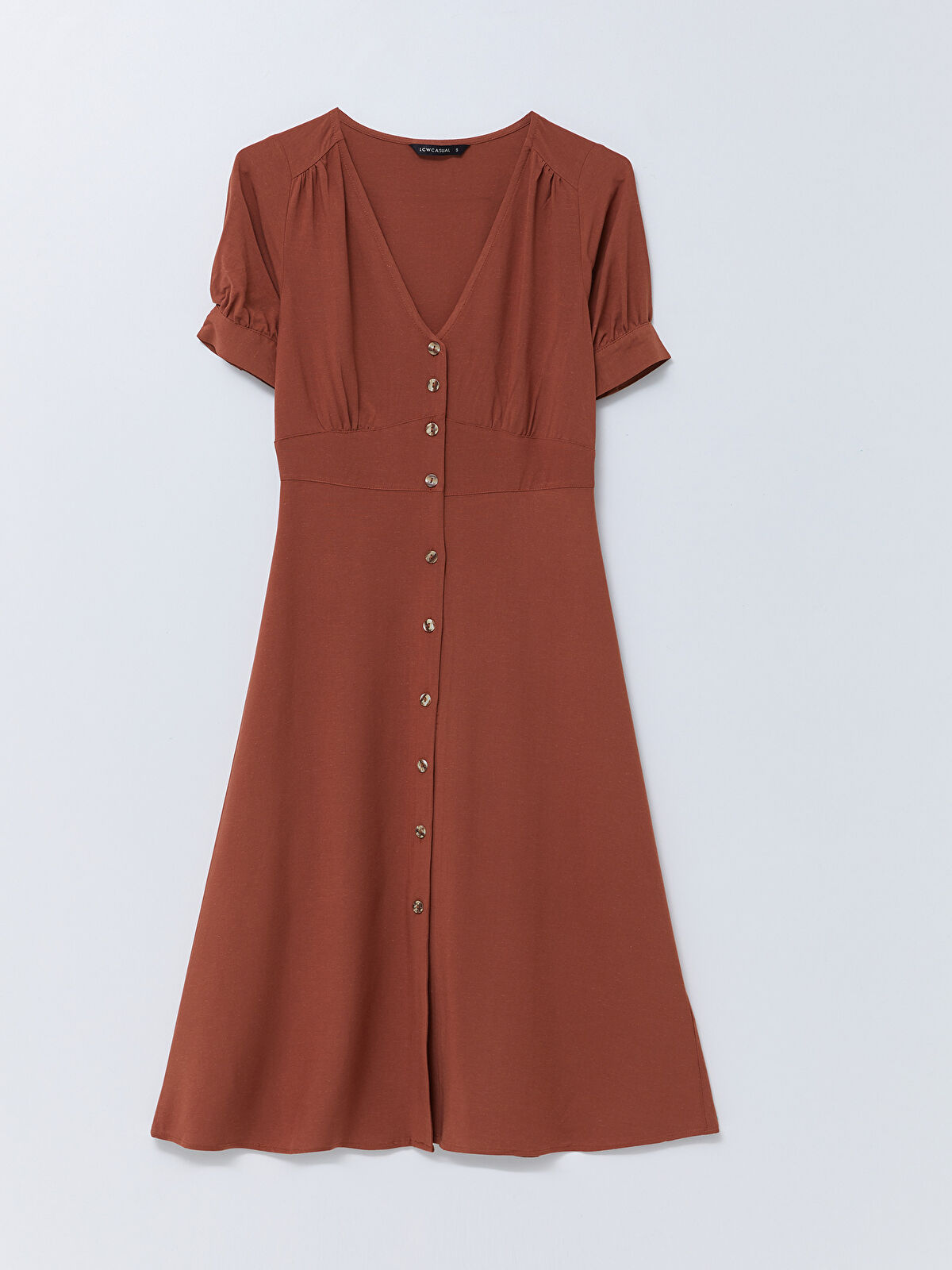 LCW CASUAL V Yaka Düz Kısa Kollu Keten Kadın Elbise
