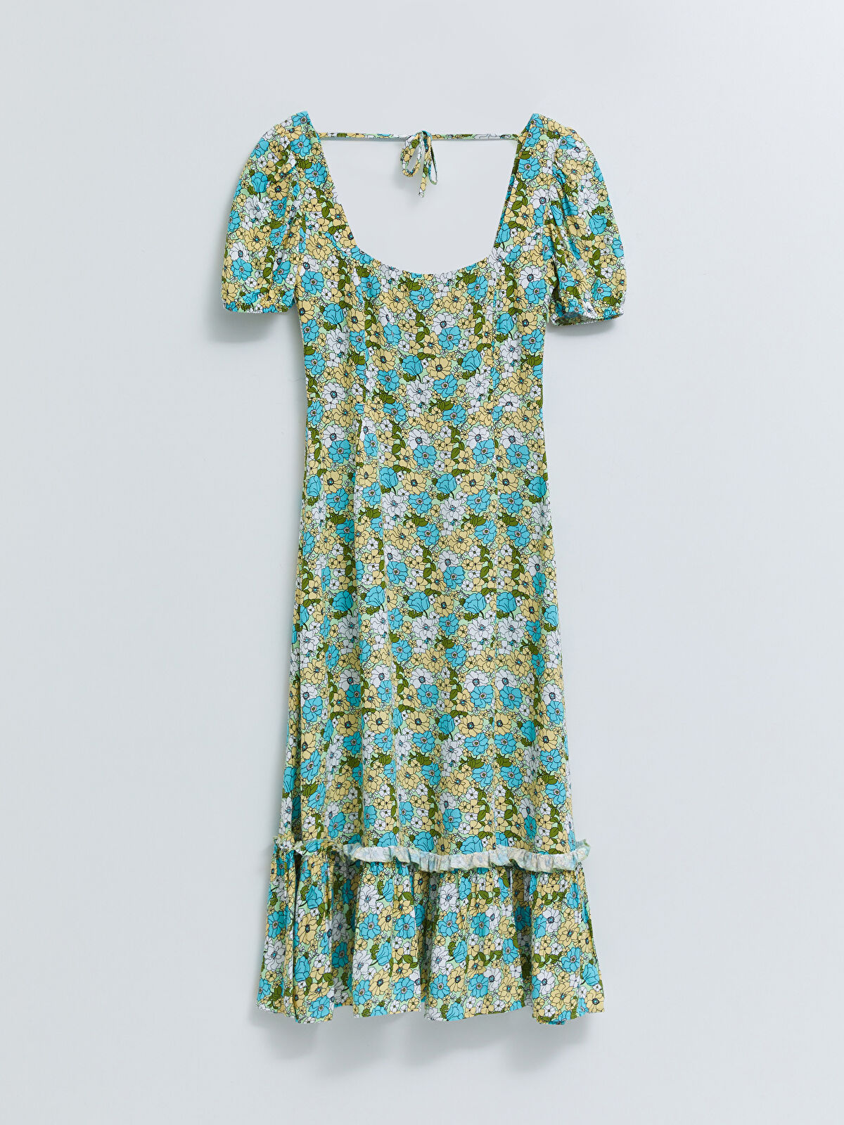 XSIDE Kare Yaka Çiçekli Kısa Kollu Viskon Kadın Elbise