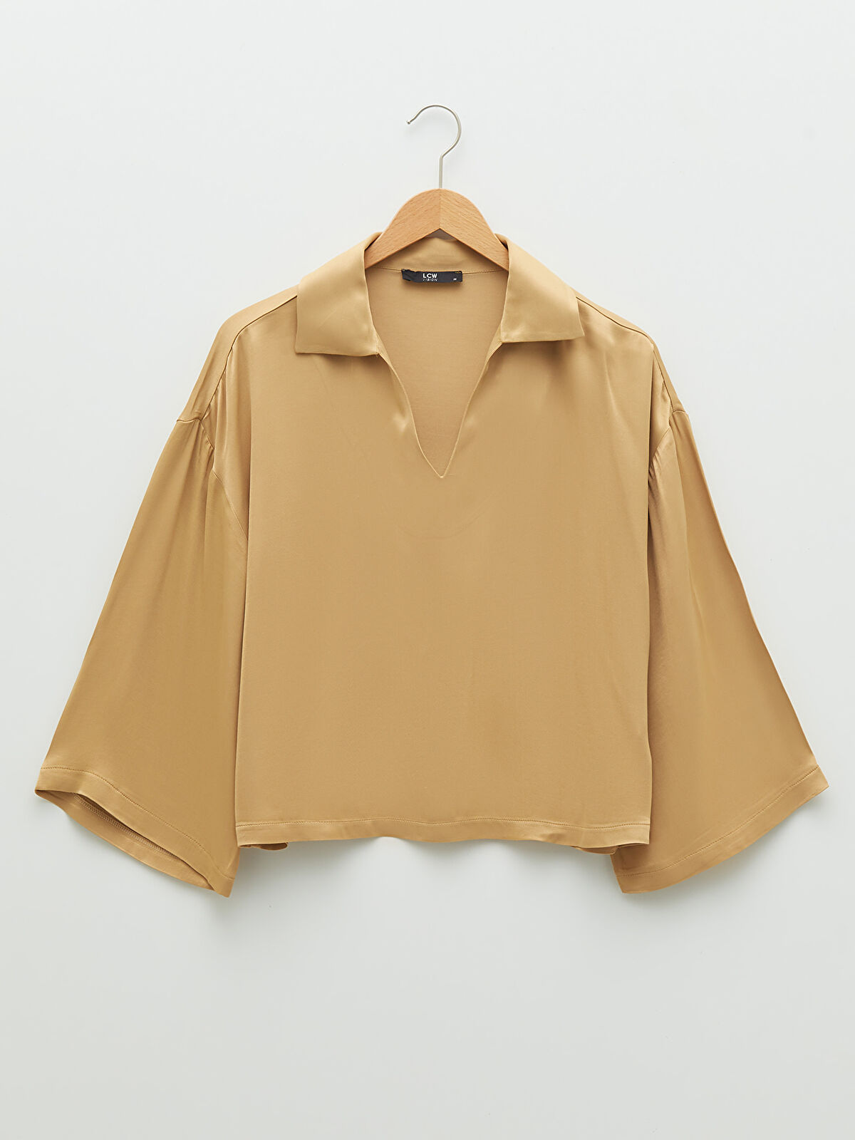LCW VISION Polo Yaka Düz Uzun Kollu Saten Kadın Bluz