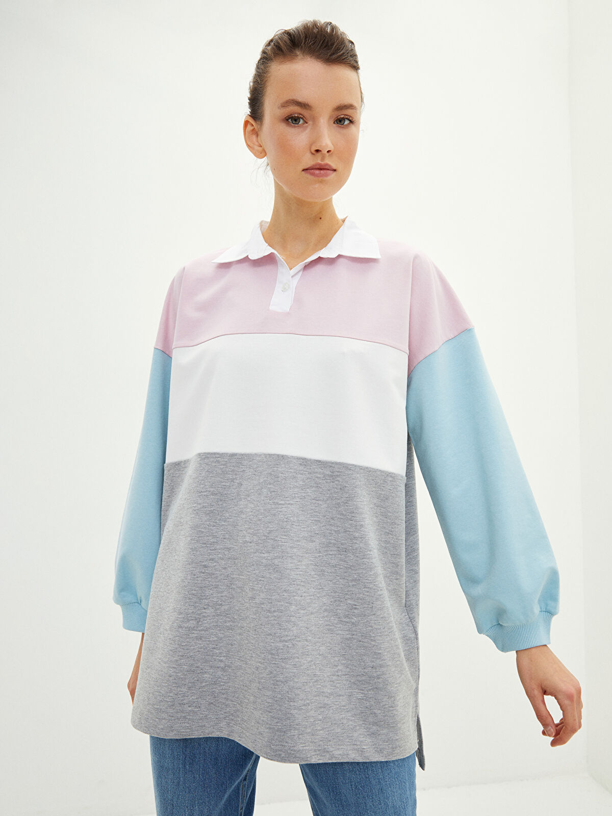 MODEST Polo Yaka Renk Bloklu Uzun Kollu Oversize Kadın Sweatshirt Tunik