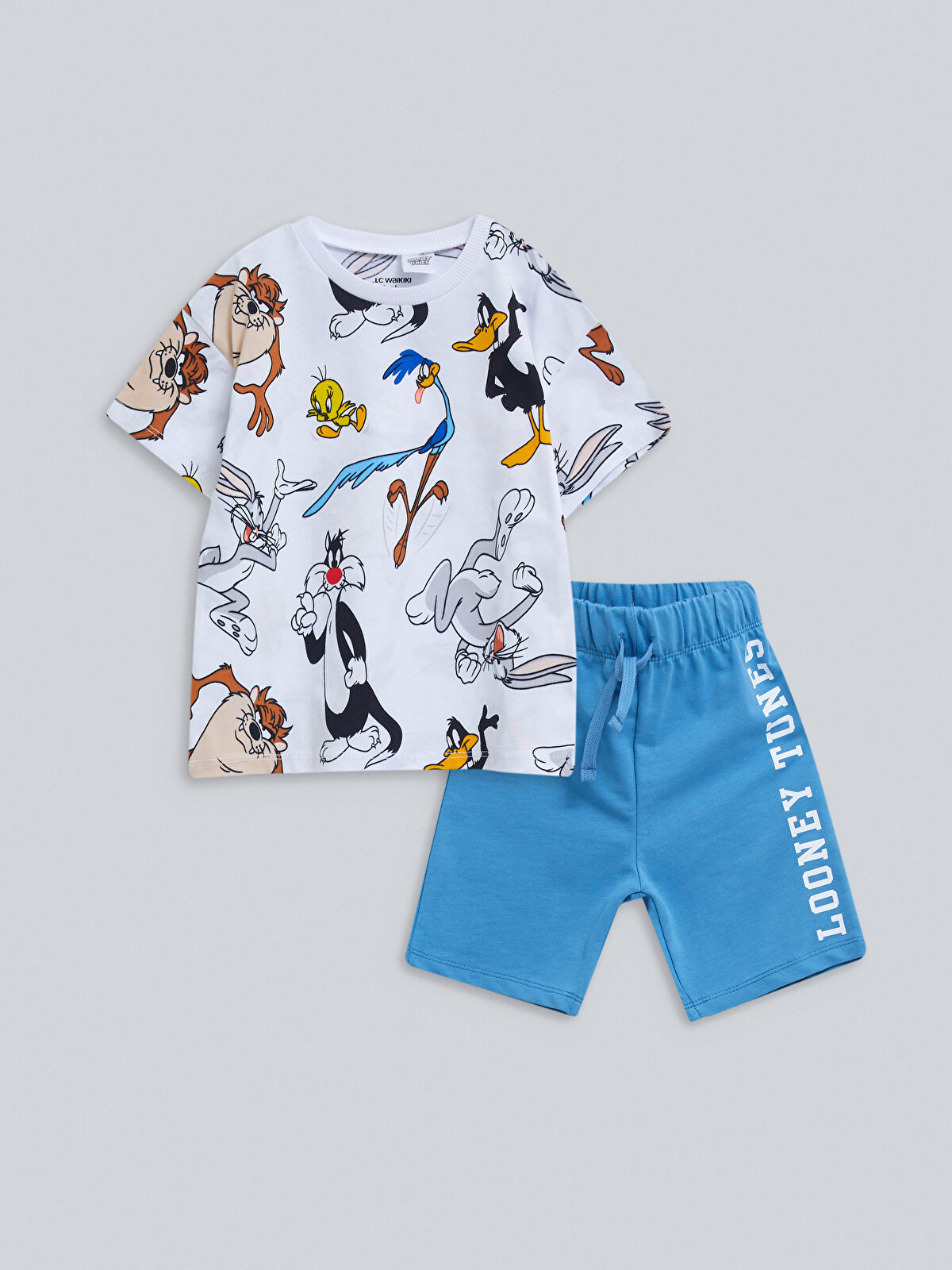 Bisiklet Yaka Kısa Kollu Looney Tunes Baskılı Erkek Bebek Tişört ve Şort 2'li Takım