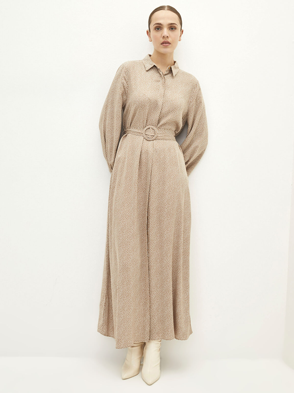 MODEST Gömlek Yaka Puantiyeli Uzun Kollu Viskon Kadın Elbise