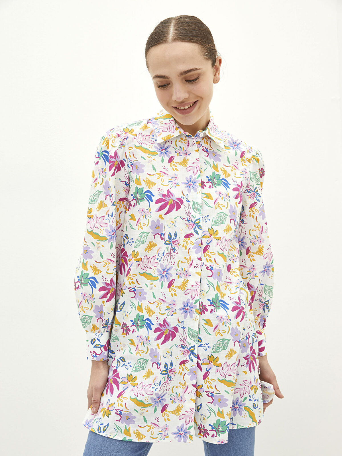 MODEST Gömlek Yaka Çiçekli Uzun Kollu Vual Kumaş Kadın Tunik