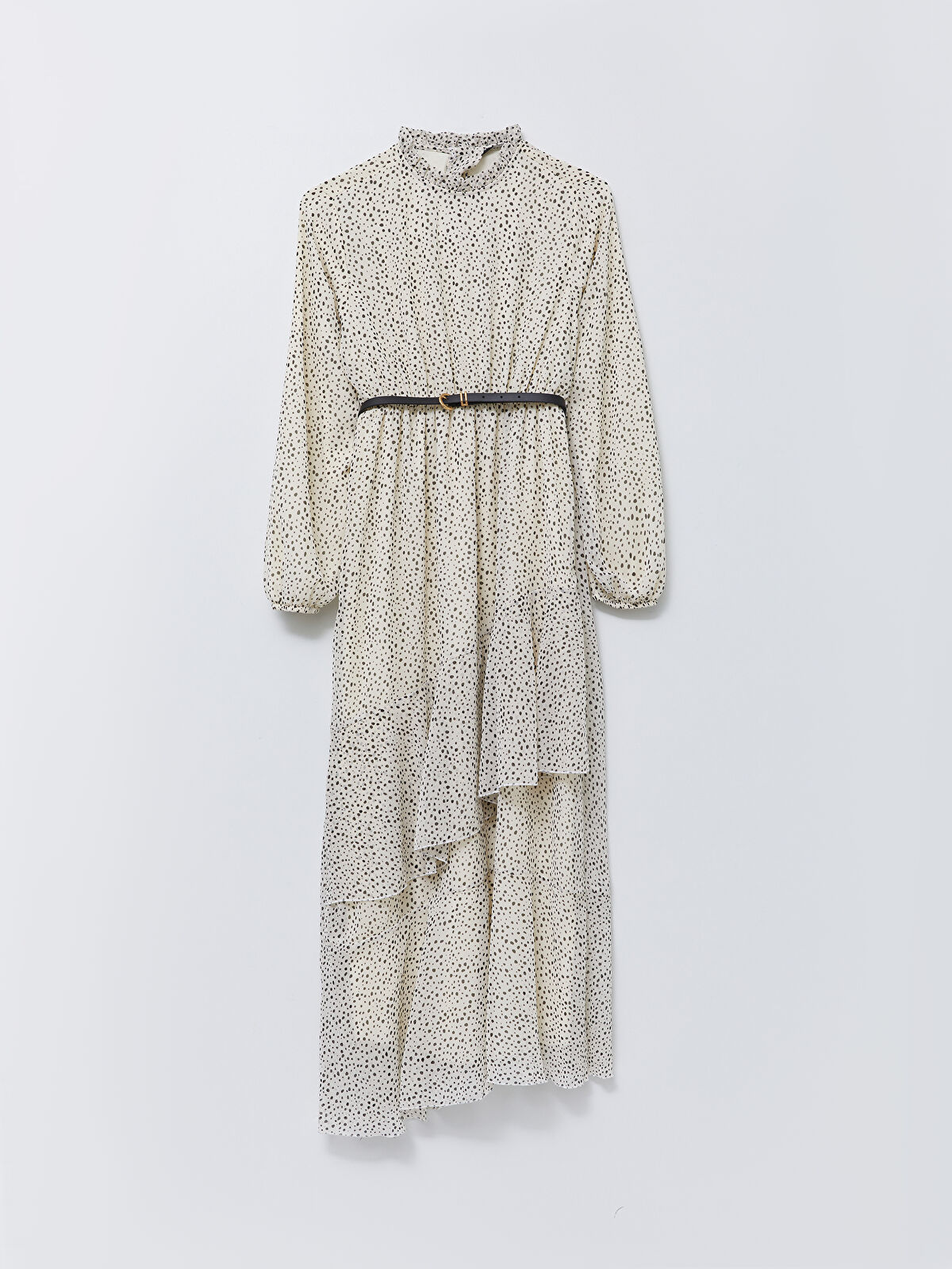 MODEST Fırfırlı Dik Yaka Desenli Uzun Kollu Şifon Kadın Elbise