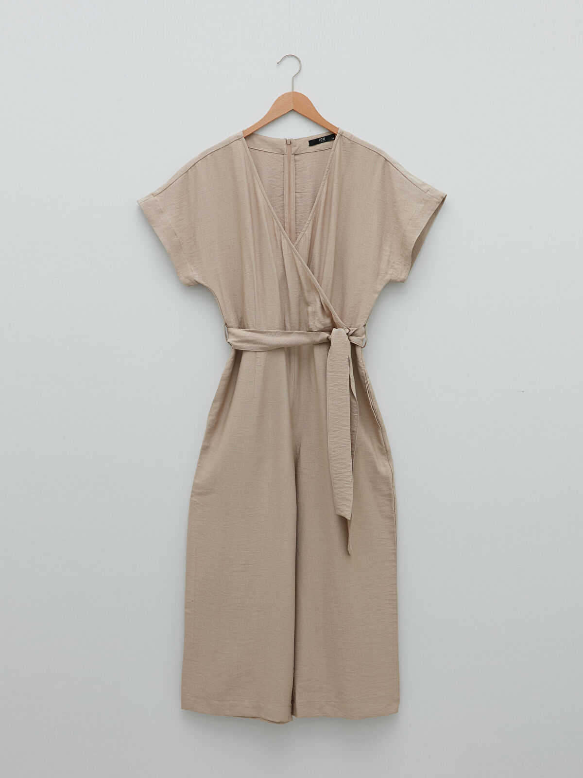 LCW VISION Kruvaze Yaka Düz Kısa Kollu Keten Kadın Tulum