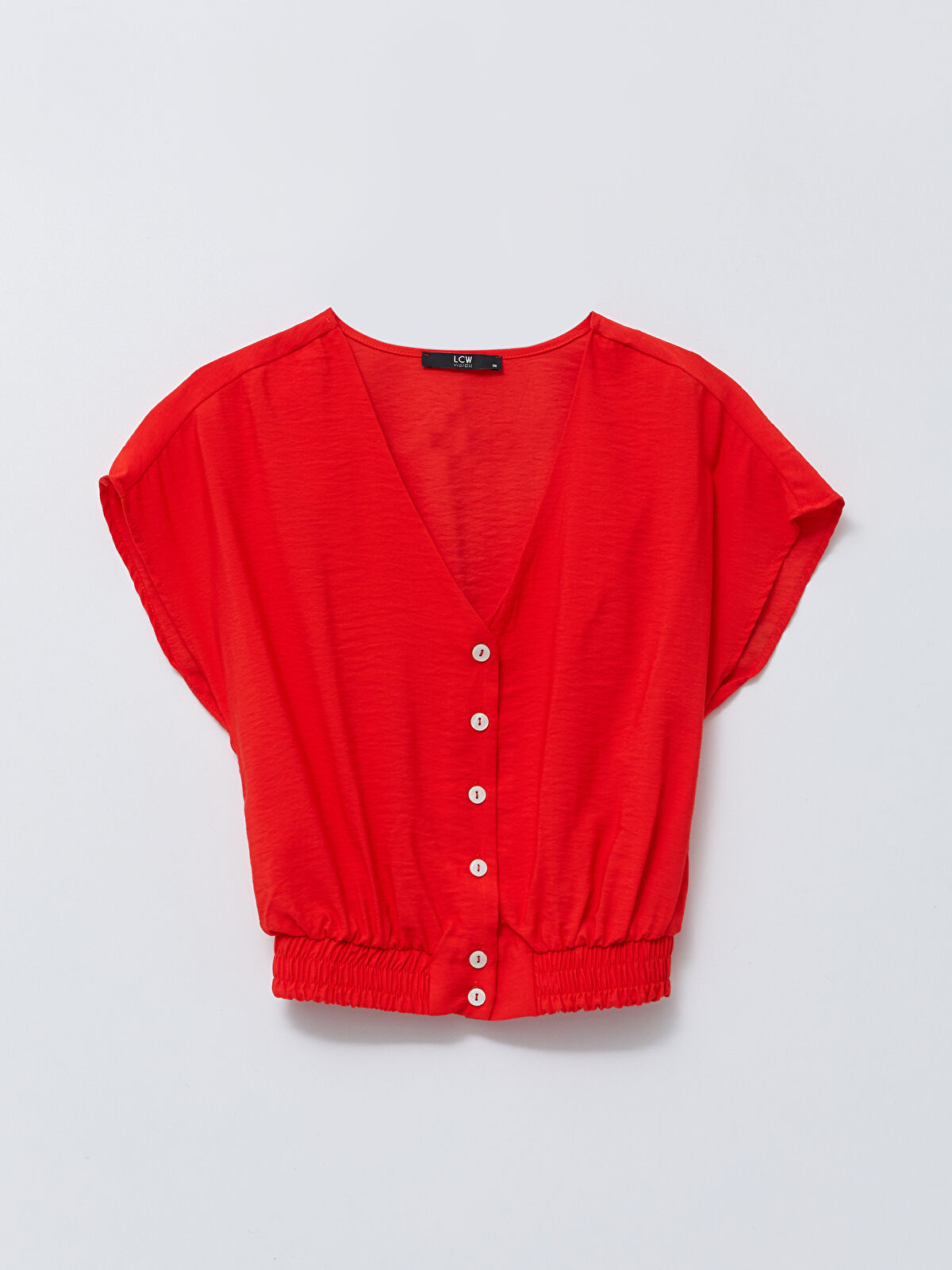 LCW VISION V Yaka Düz Kısa Kollu Keten Kadın Bluz