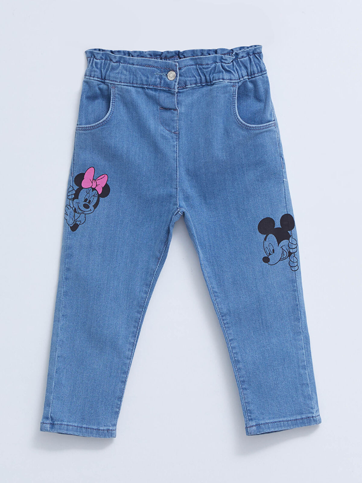 Beli Lastikli Mickey ve Minnie Mouse Baskılı Pamuklu Kız Bebek Jean Pantolon