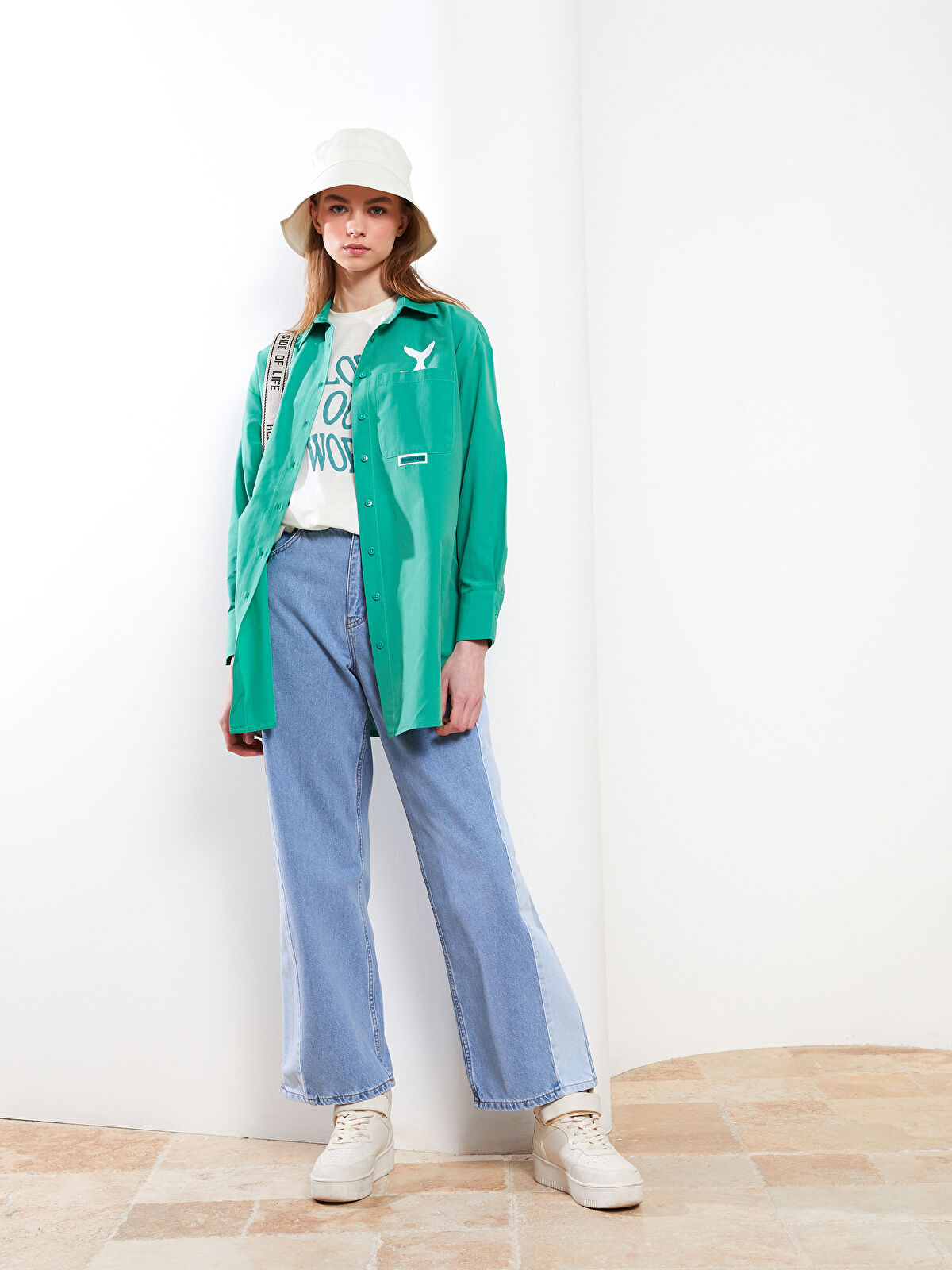 MODEST Gömlek Yaka Baskılı Uzun Kollu Oversize Poplin Kadın Tunik