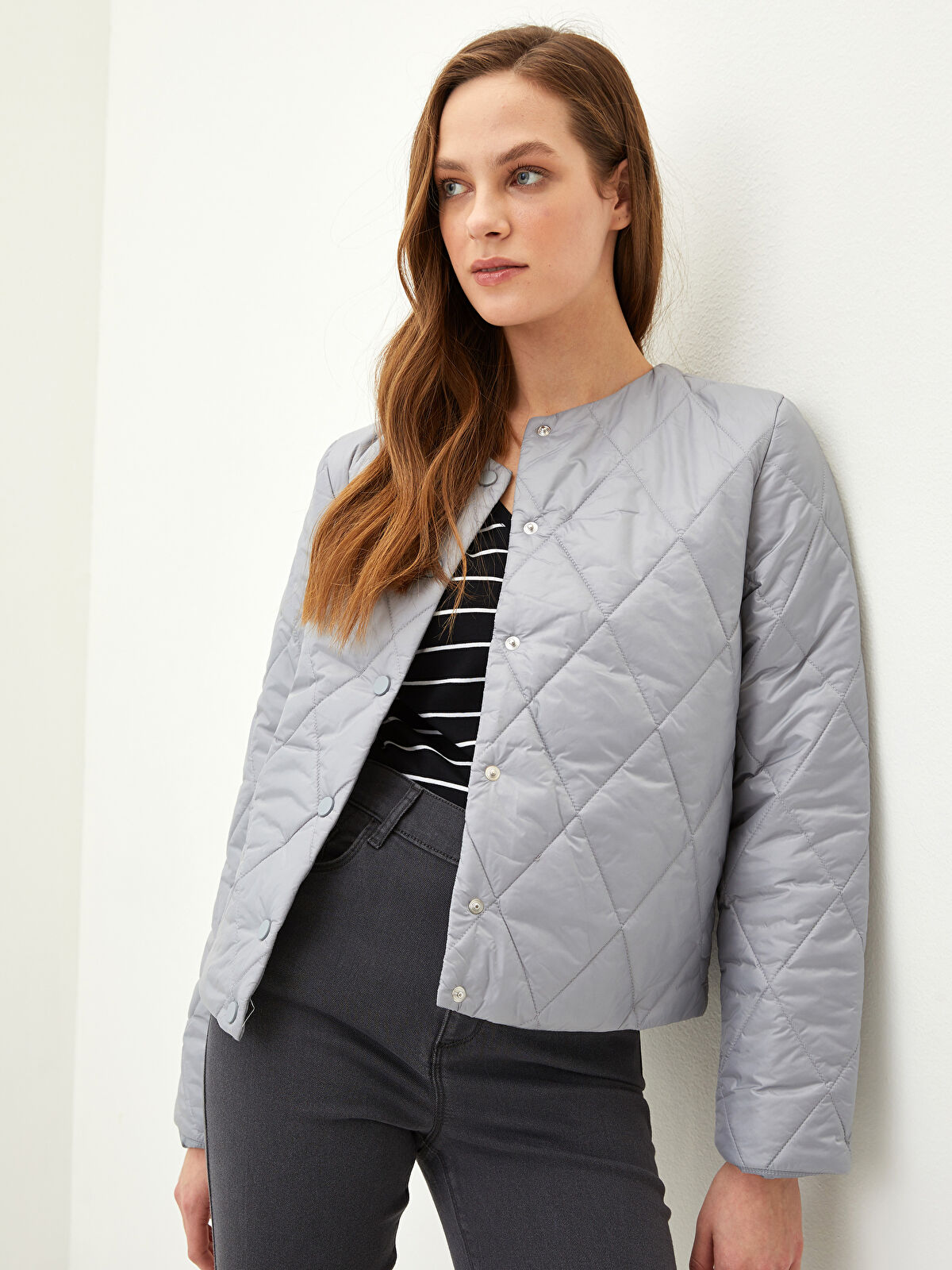 LCW CLASSIC Bisiklet Yaka Kapitone Desenli Uzun Kollu Kadın Şişme Mont