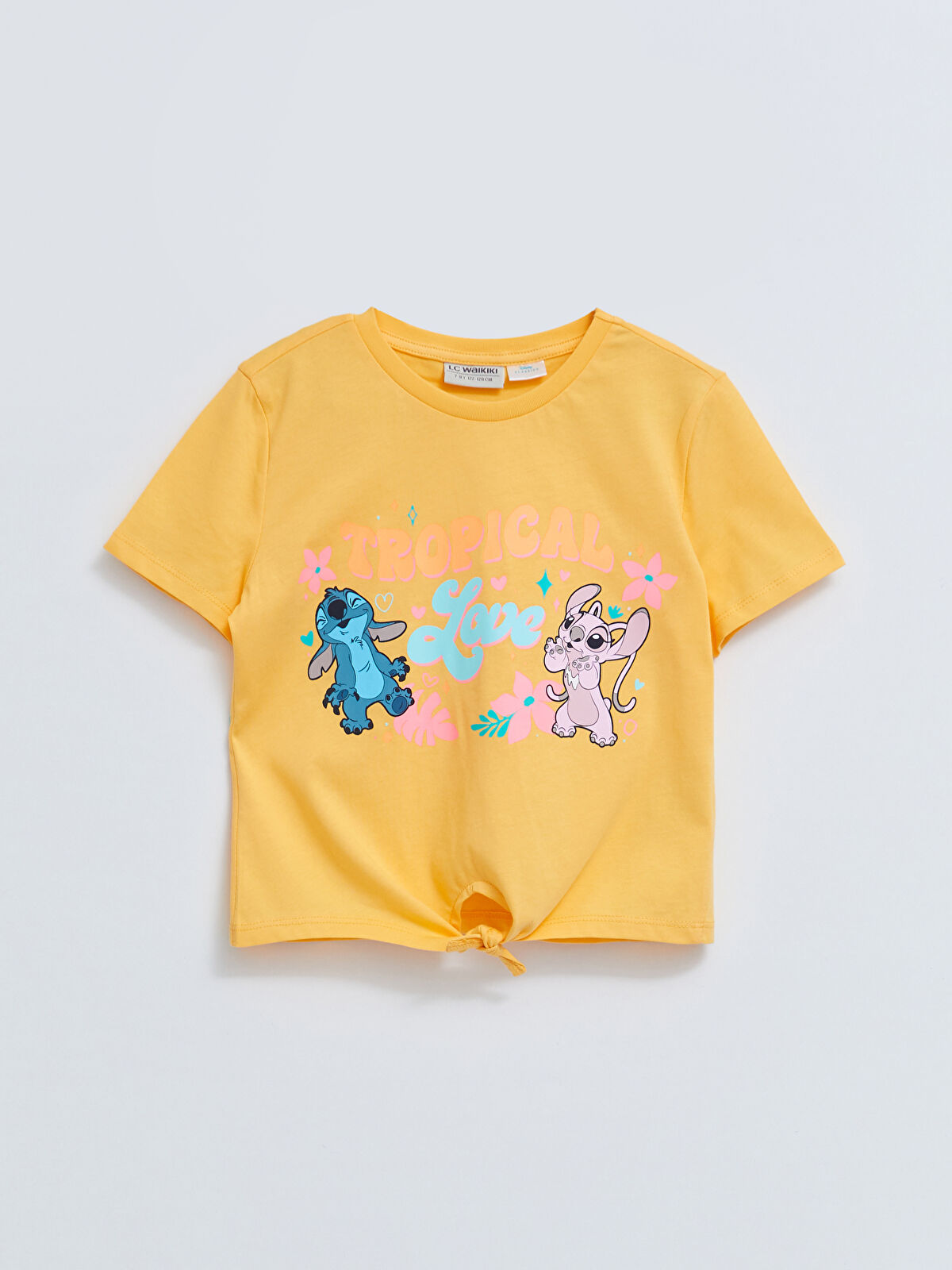 Bisiklet Yaka Lilo ve Stitch Baskılı Kısa Kollu Pamuklu Kız Çocuk Tişört