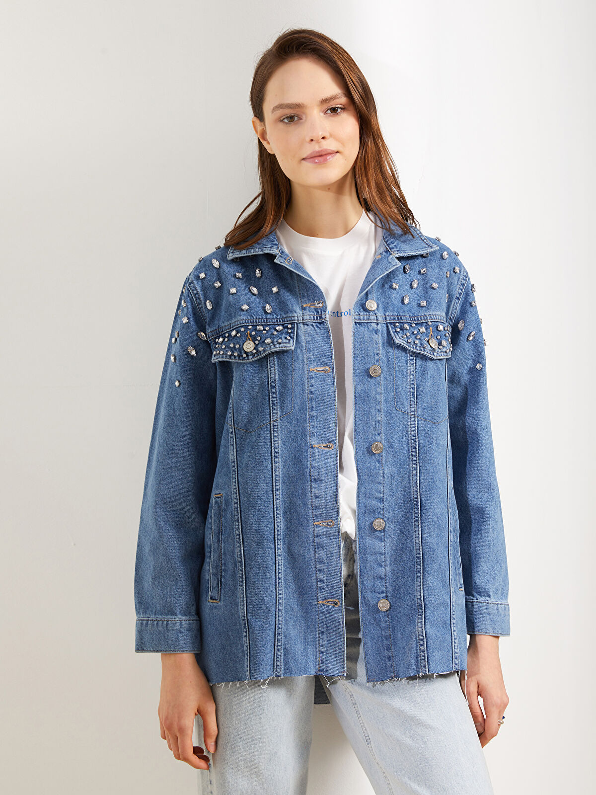 MODEST Gömlek Yaka Parlak Taş Baskılı Uzun Kollu Kadın Jean Ceket