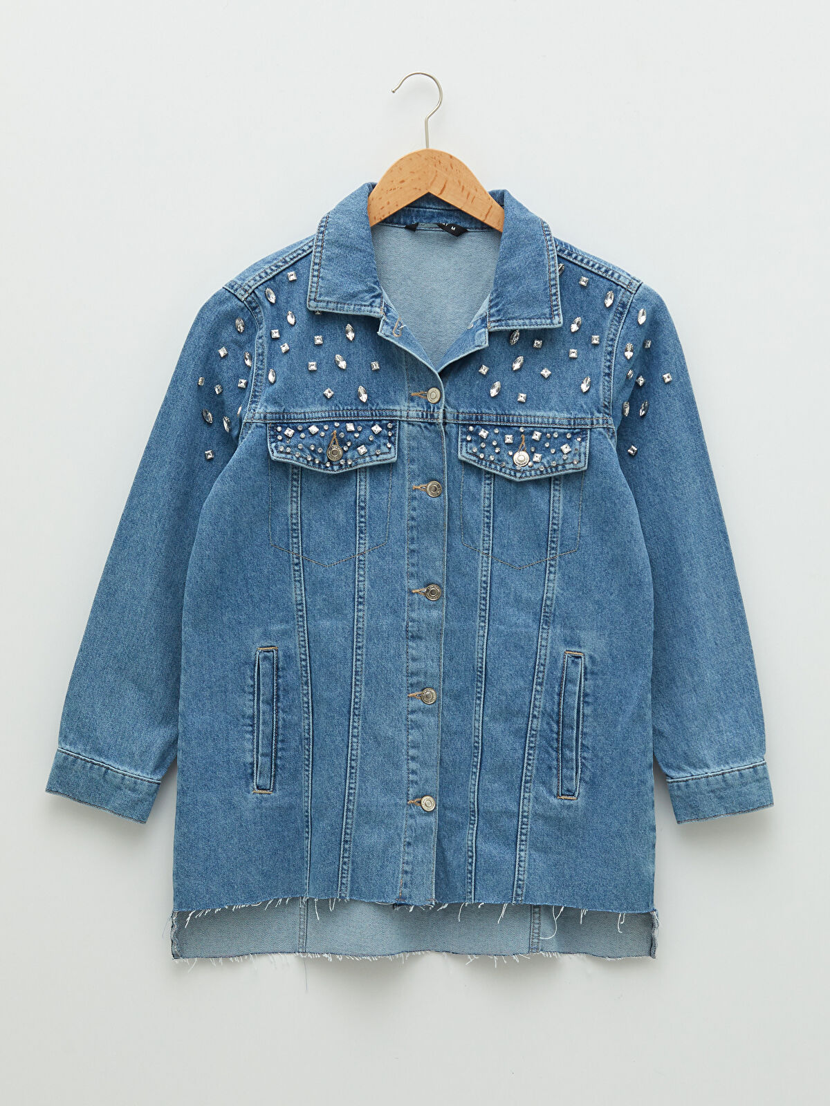 MODEST Gömlek Yaka Parlak Taş Baskılı Uzun Kollu Kadın Jean Ceket