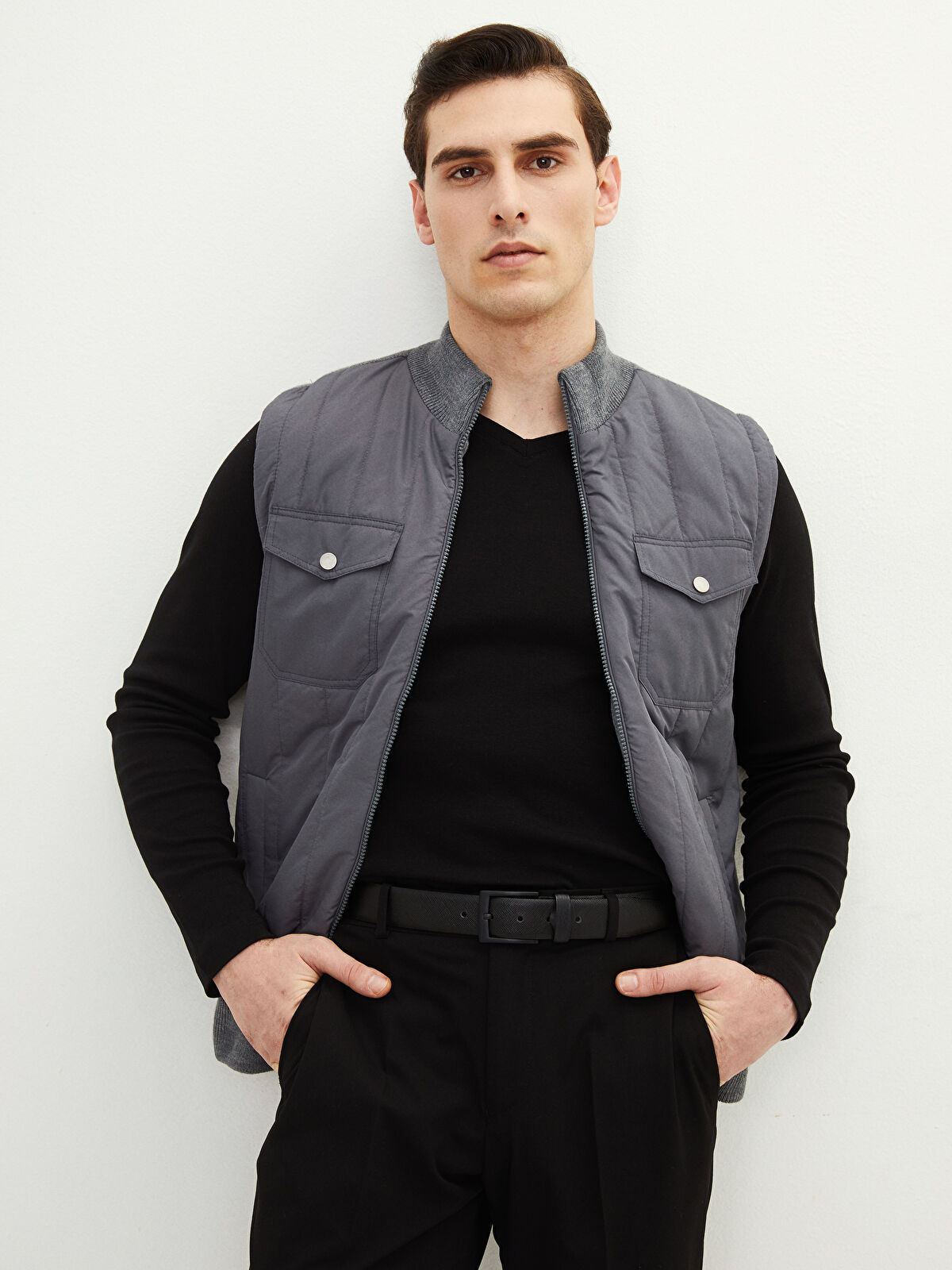 Standart Kalıp Dik Yaka Erkek Triko Yelek