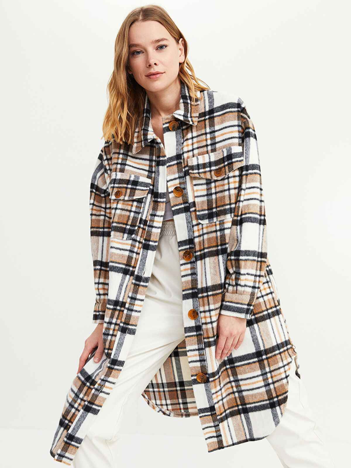 Busem Gömlek Yaka Ekose Uzun Kollu Oversize Kadın Tunik