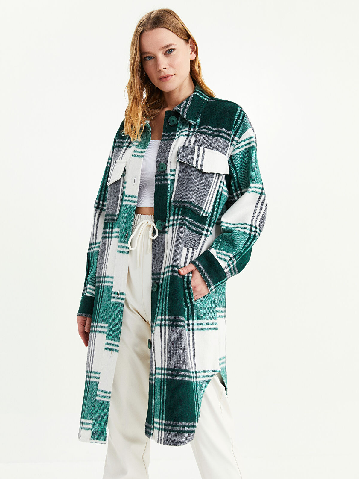 Busem Gömlek Yaka Ekose Uzun Kollu Oversize Kadın Tunik