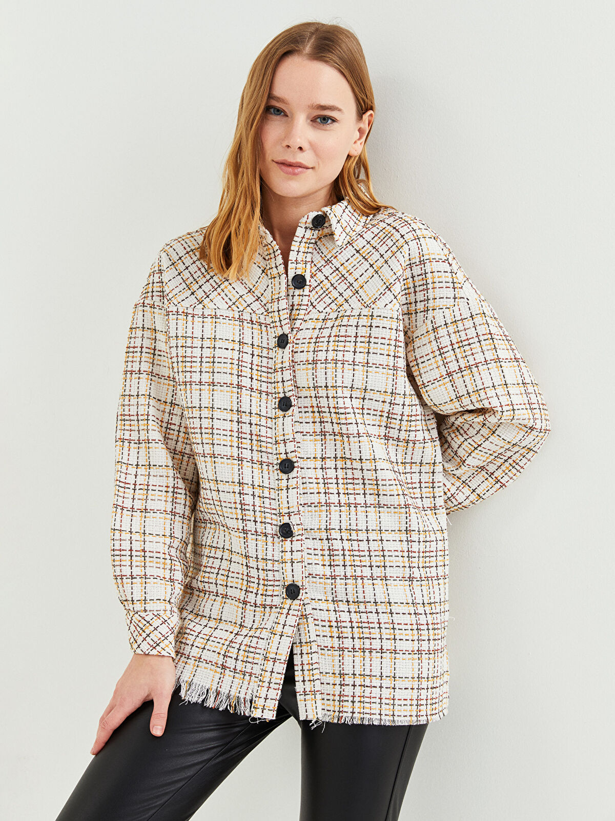 Busem Önden Düğme Kapamalı Ekose Uzun Kollu Kadın Gömlek