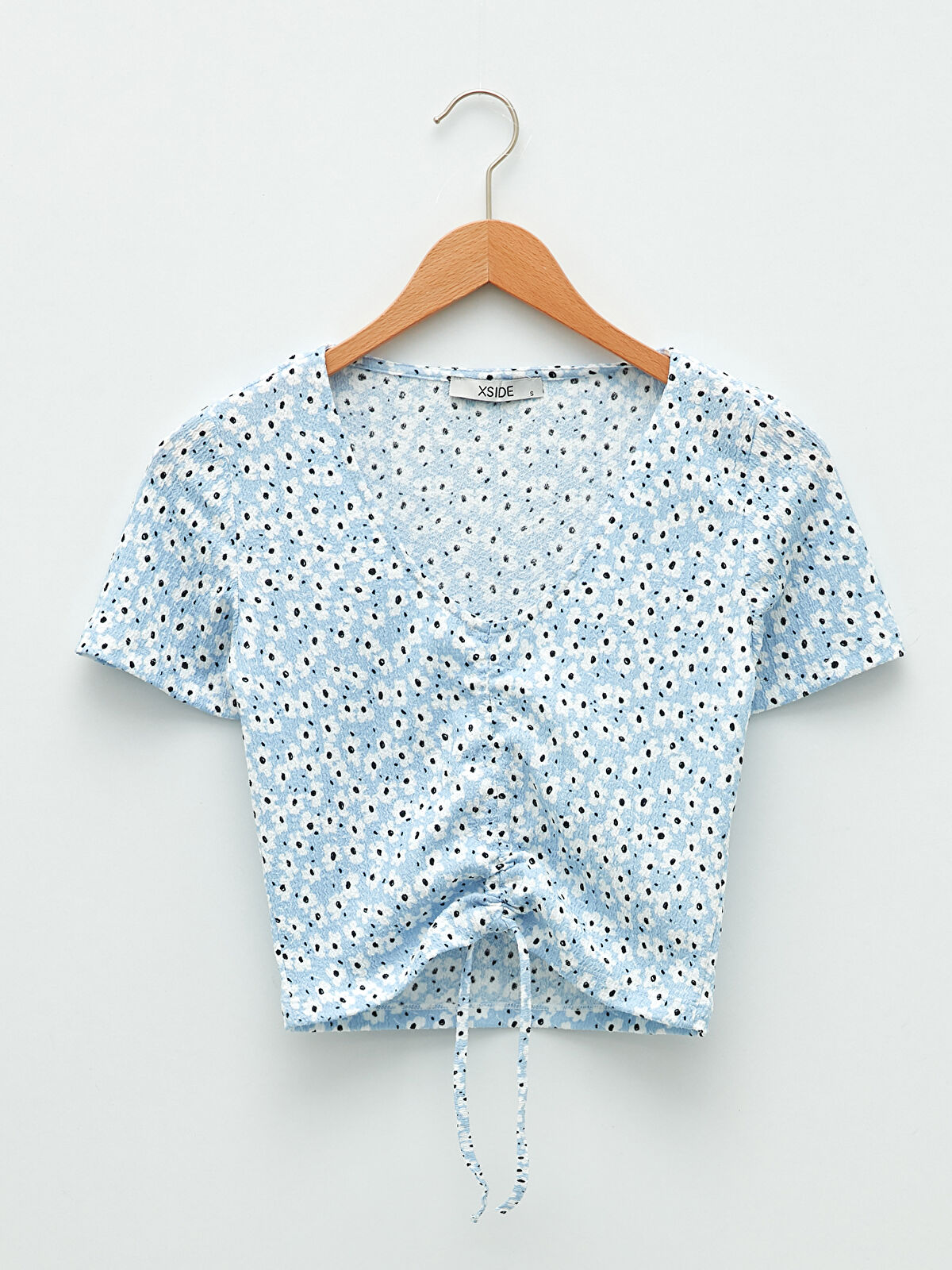 XSIDE V Yaka Büzgü Detaylı Uzun Kollu Crop Kadın Bluz