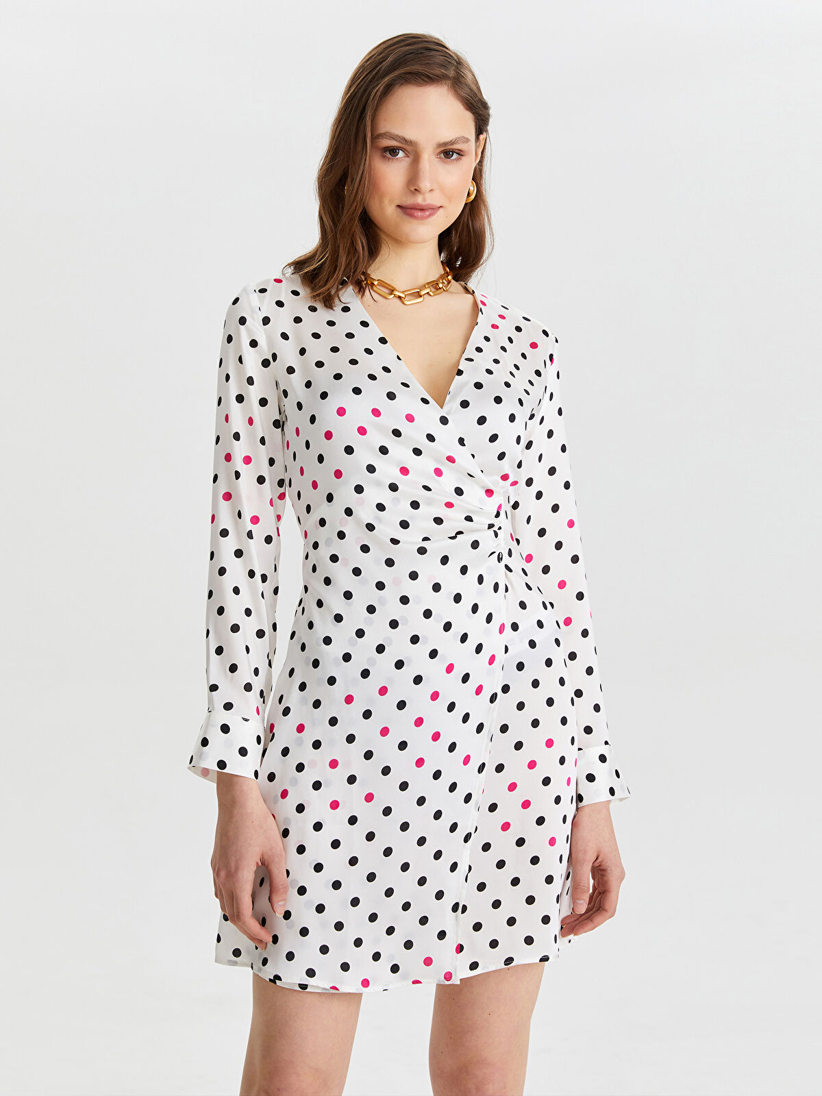 LCW CASUAL Kruvaze Yaka Puantiyeli Uzun Kollu Kadın Elbise