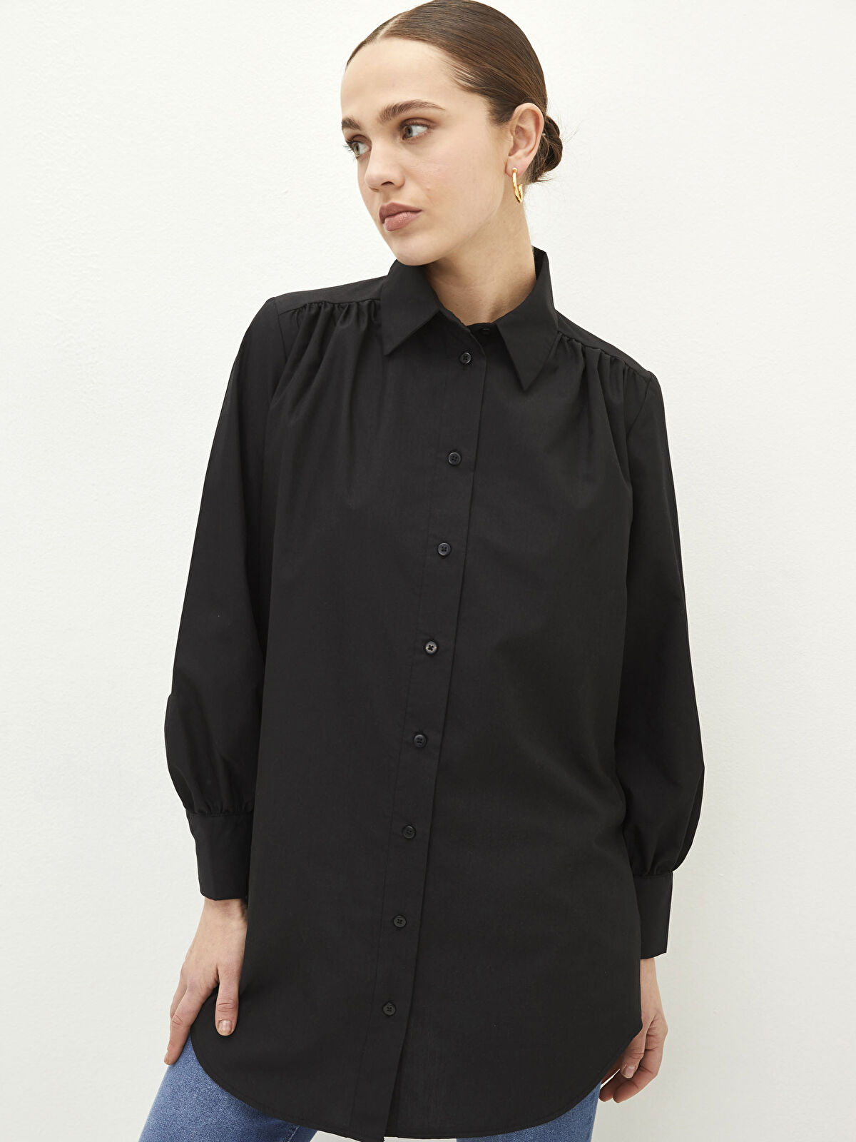 MODEST Gömlek Yaka Düz Uzun Kollu Oversize Poplin Kadın Tunik