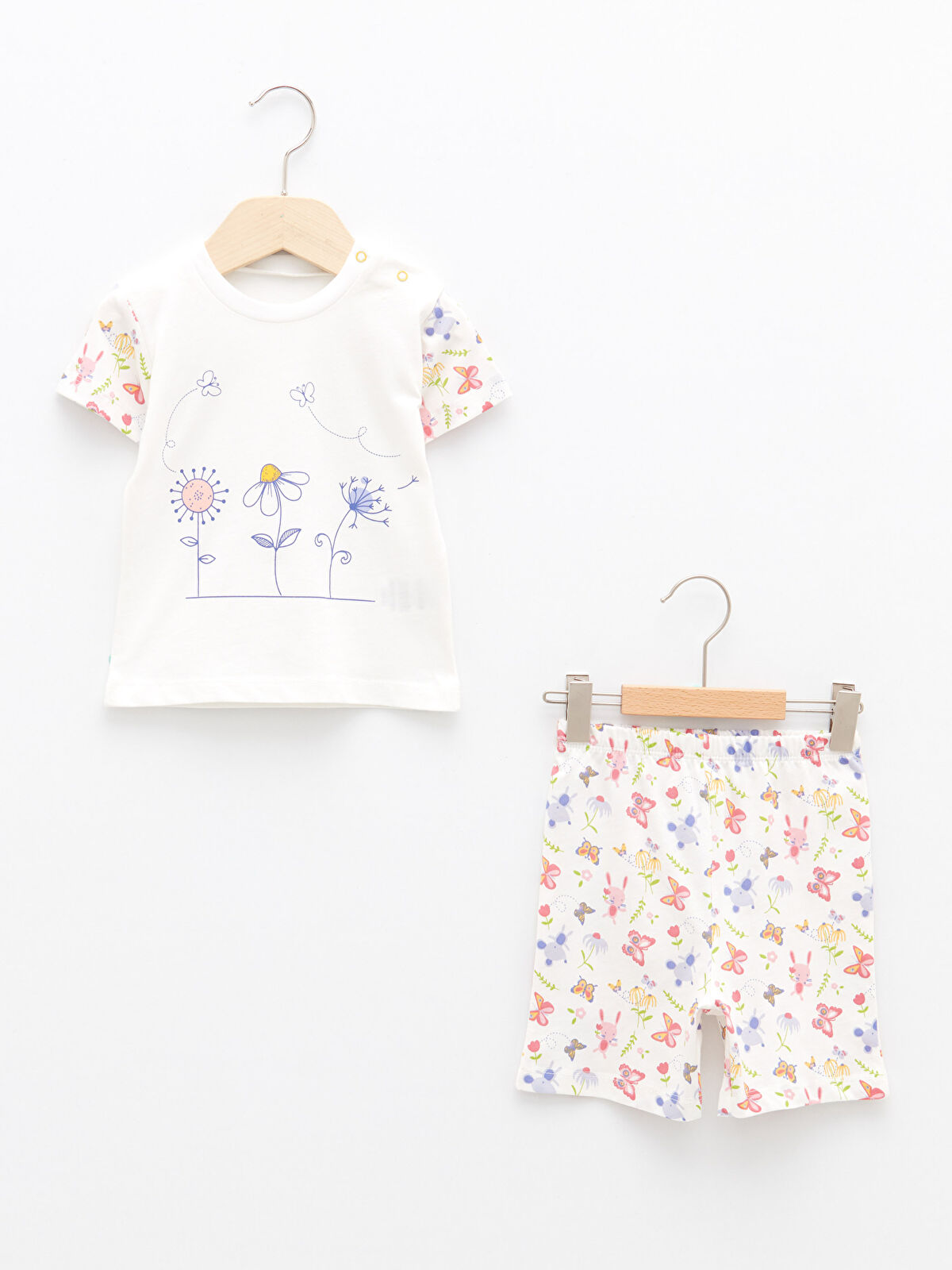 Luggi Baby Bisiklet Yaka Kısa Kollu Baskılı Pamuklu Kız Bebek Tişört ve Şort 2'li Takım