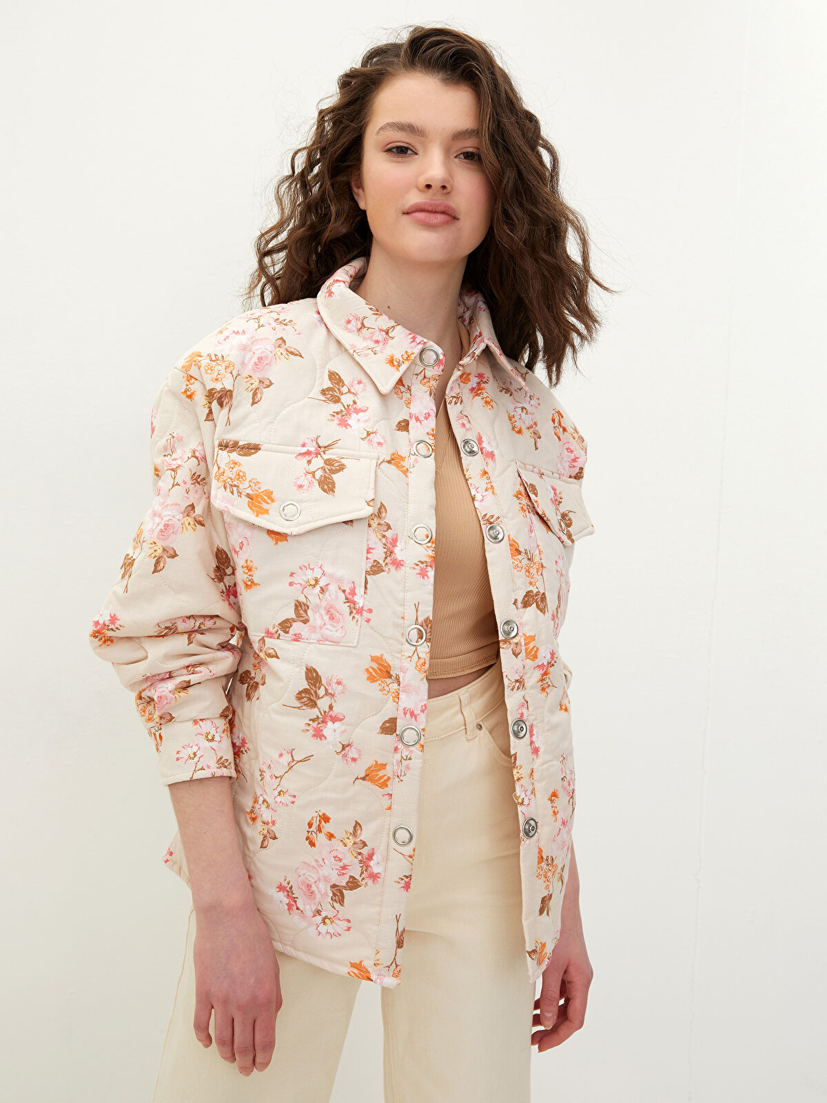 Busem Gömlek Yaka Desenli Uzun Kollu Kadın Ceket