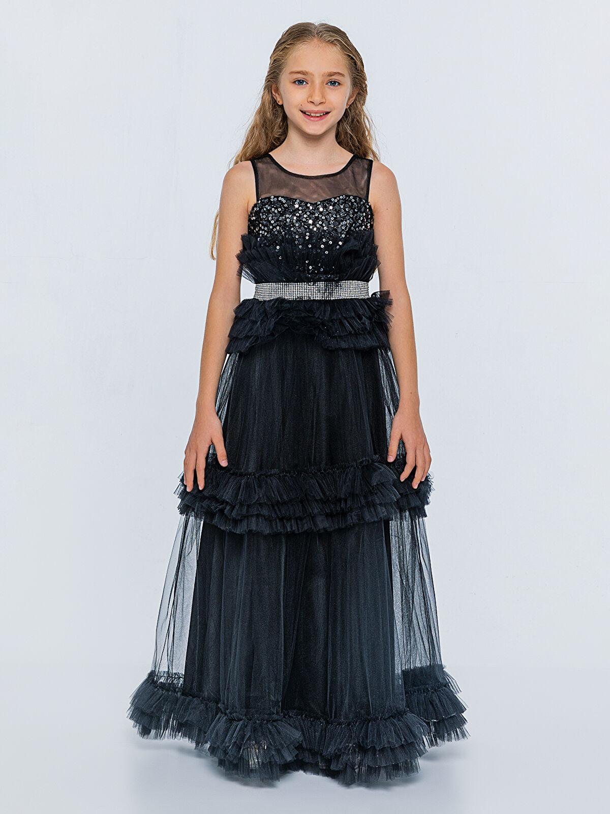 Daisy Girl Bisiklet Yaka Pul İşlemeli Kız Çocuk Elbise