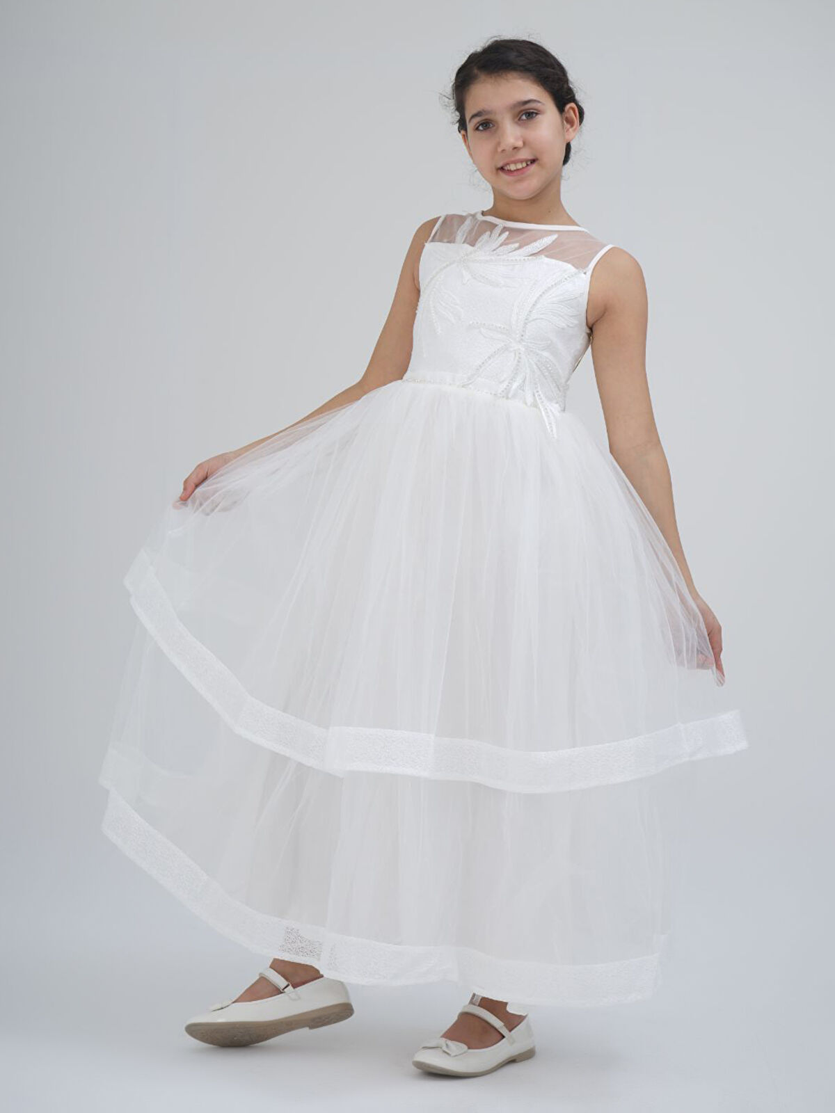 Daisy Girl Bisiklet Yaka Nakış Detaylı Kız Çocuk Elbise