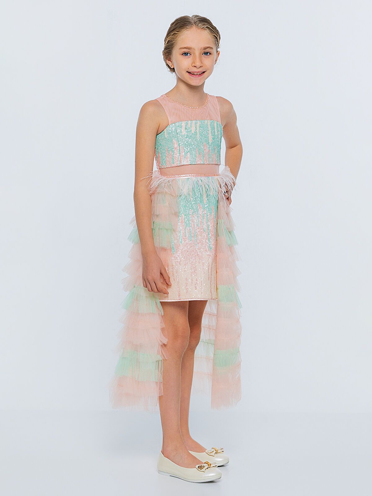 Daisy Girl Bisiklet Yaka Pul İşlemeli Renk Bloklu Kız Çocuk Elbise