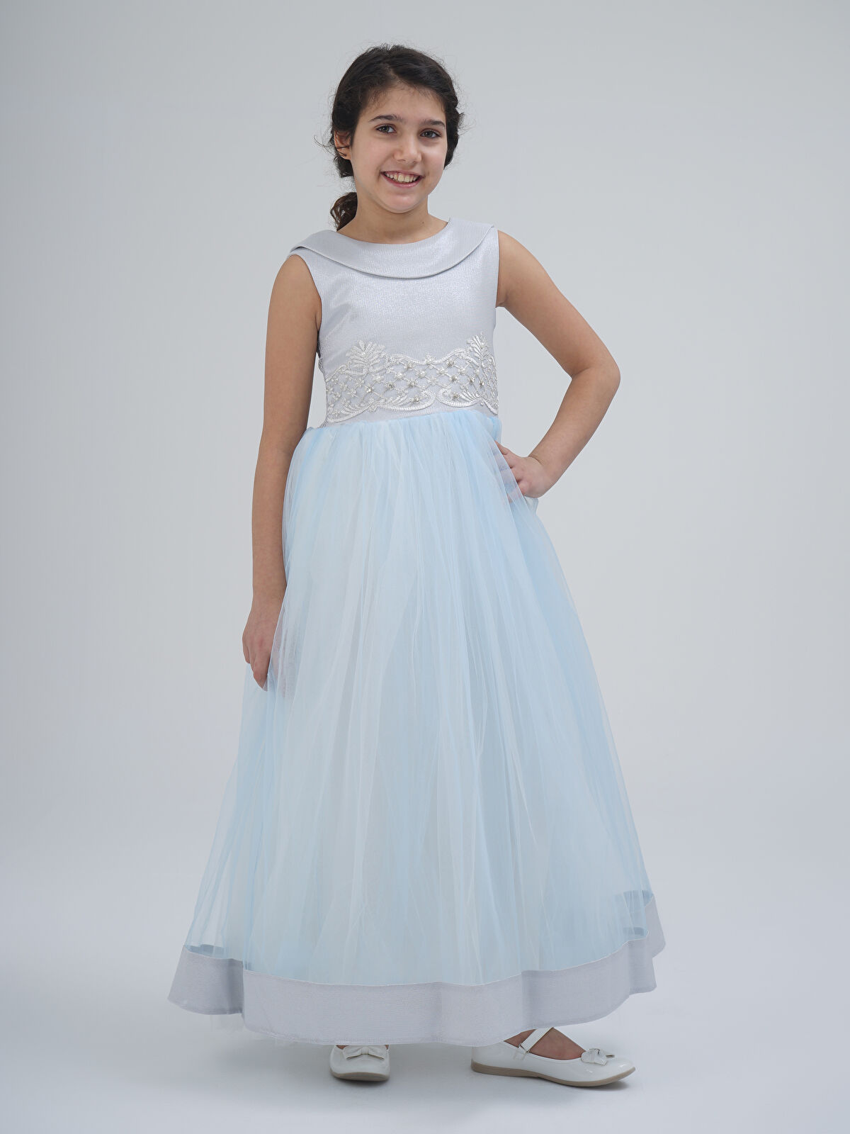 Daisy Girl Bisiklet Yaka Nakış Detaylı Kız Çocuk Elbise