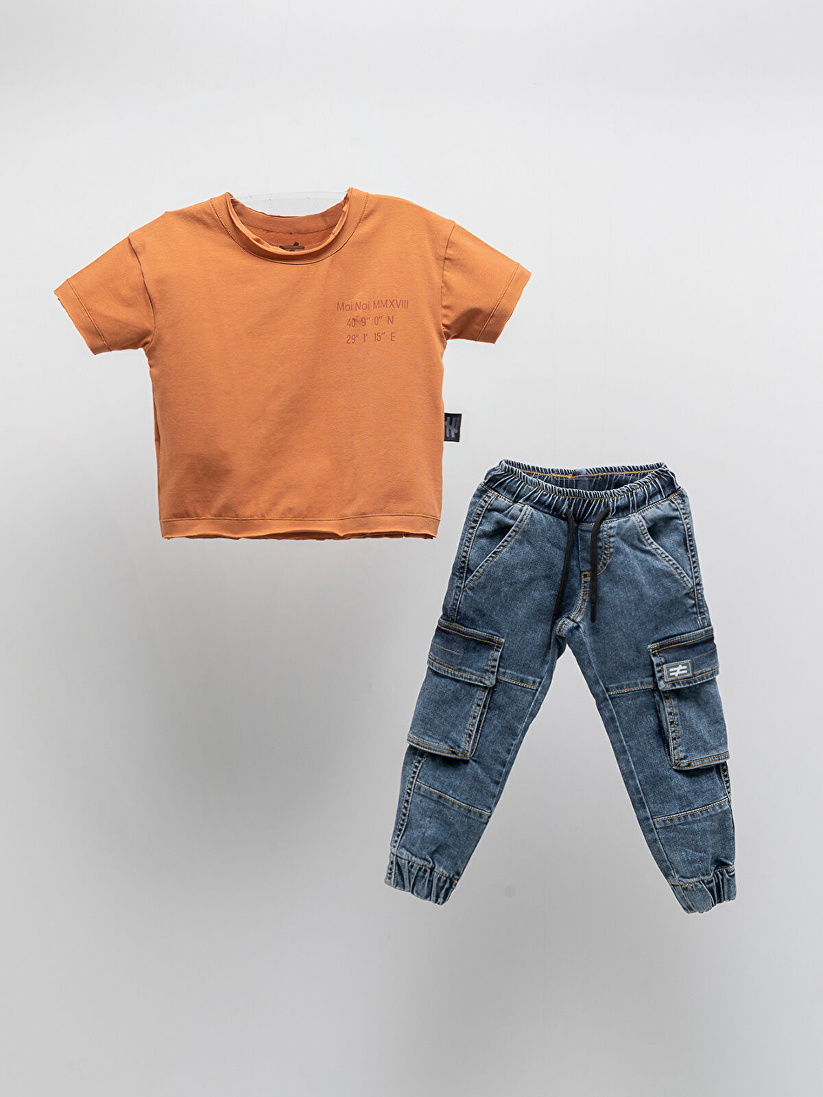 Moi Noi Bisiklet Yaka Baskılı Kısa Kollu Çocuk Tişört ve Jean Pantolon