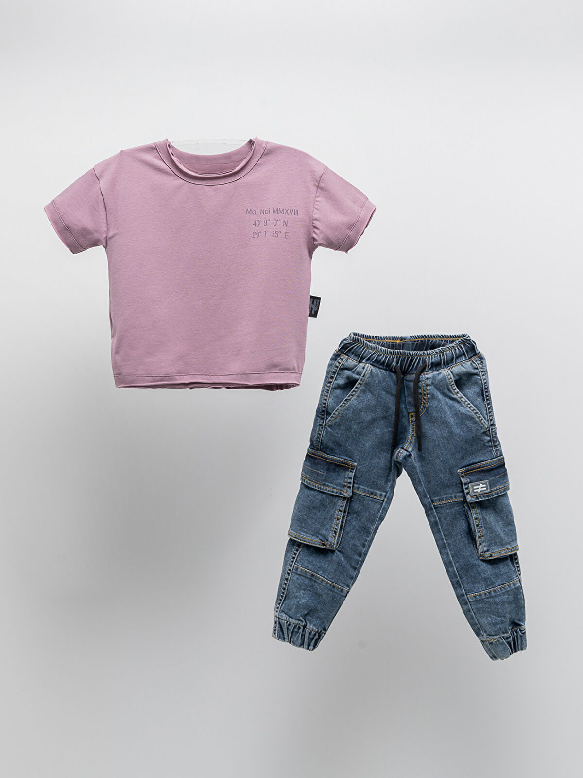 Moi Noi Bisiklet Yaka Baskılı Kısa Kollu Çocuk Tişört ve Jean Pantolon