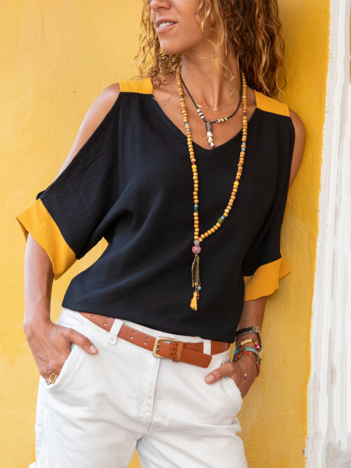 Güneşkızı V Yaka Renk Bloklu Kadın Bluz