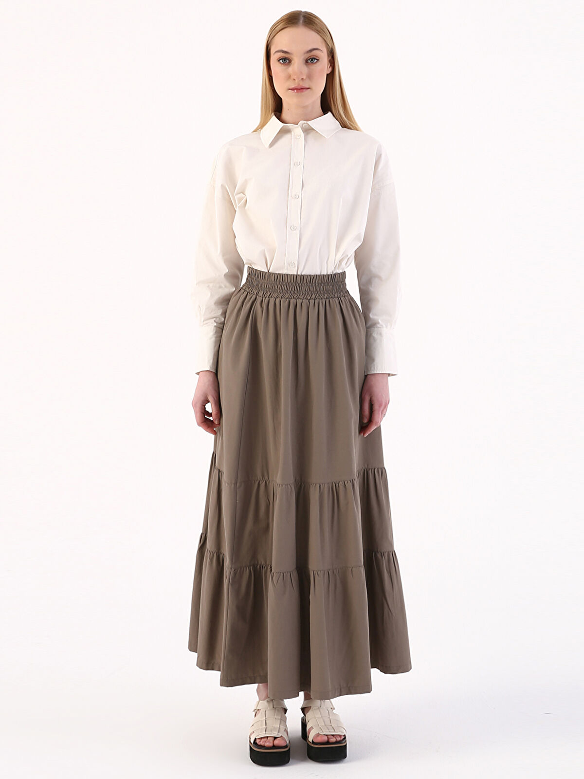 Allday Beli Lastikli Düz Gipe Detaylı Kadın Etek