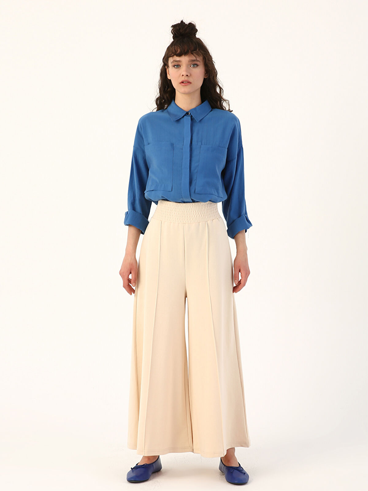 Allday Beli Lastikli Rahat Kalıp Düz Kadın Palazzo Pantolon