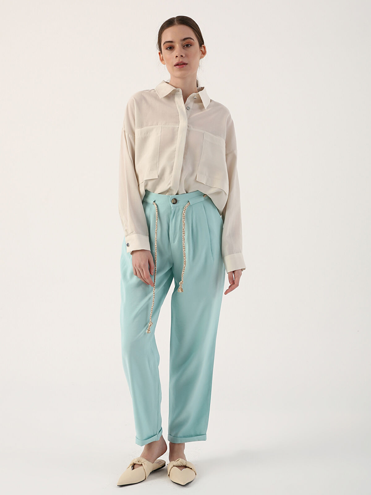 Allday Beli Bağlamalı Rahat Kalıp Cep Detaylı Kadın Palazzo Pantolon