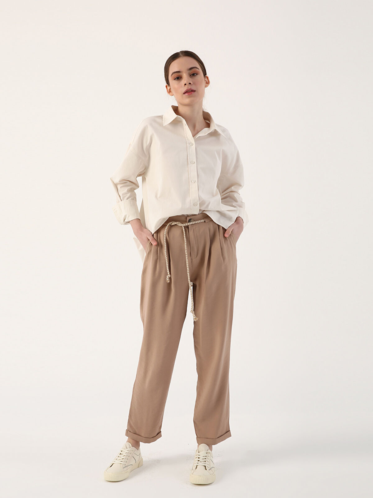 Allday Beli Bağlamalı Rahat Kalıp Cep Detaylı Kadın Palazzo Pantolon