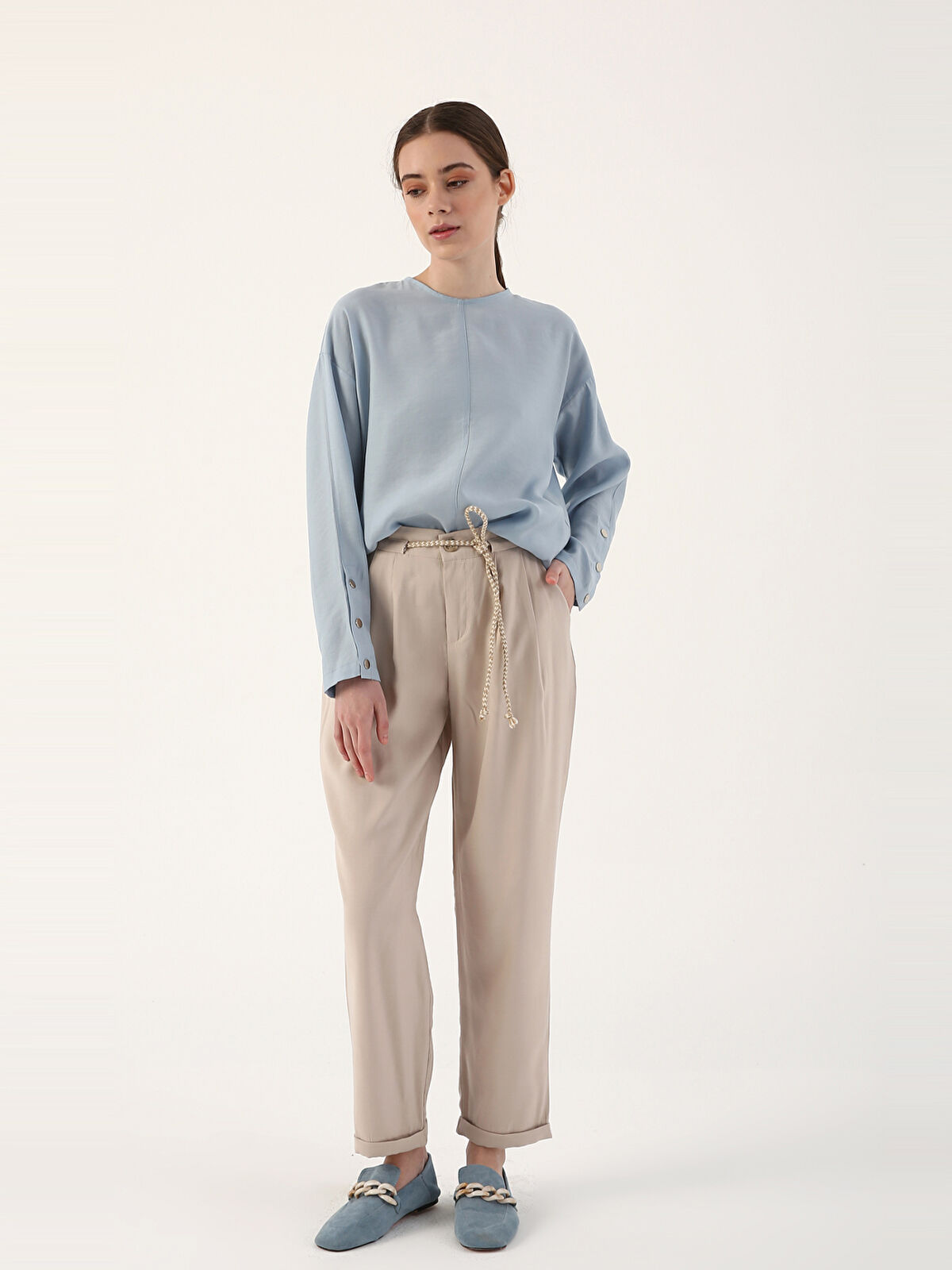 Allday Beli Bağlamalı Rahat Kalıp Cep Detaylı Kadın Palazzo Pantolon