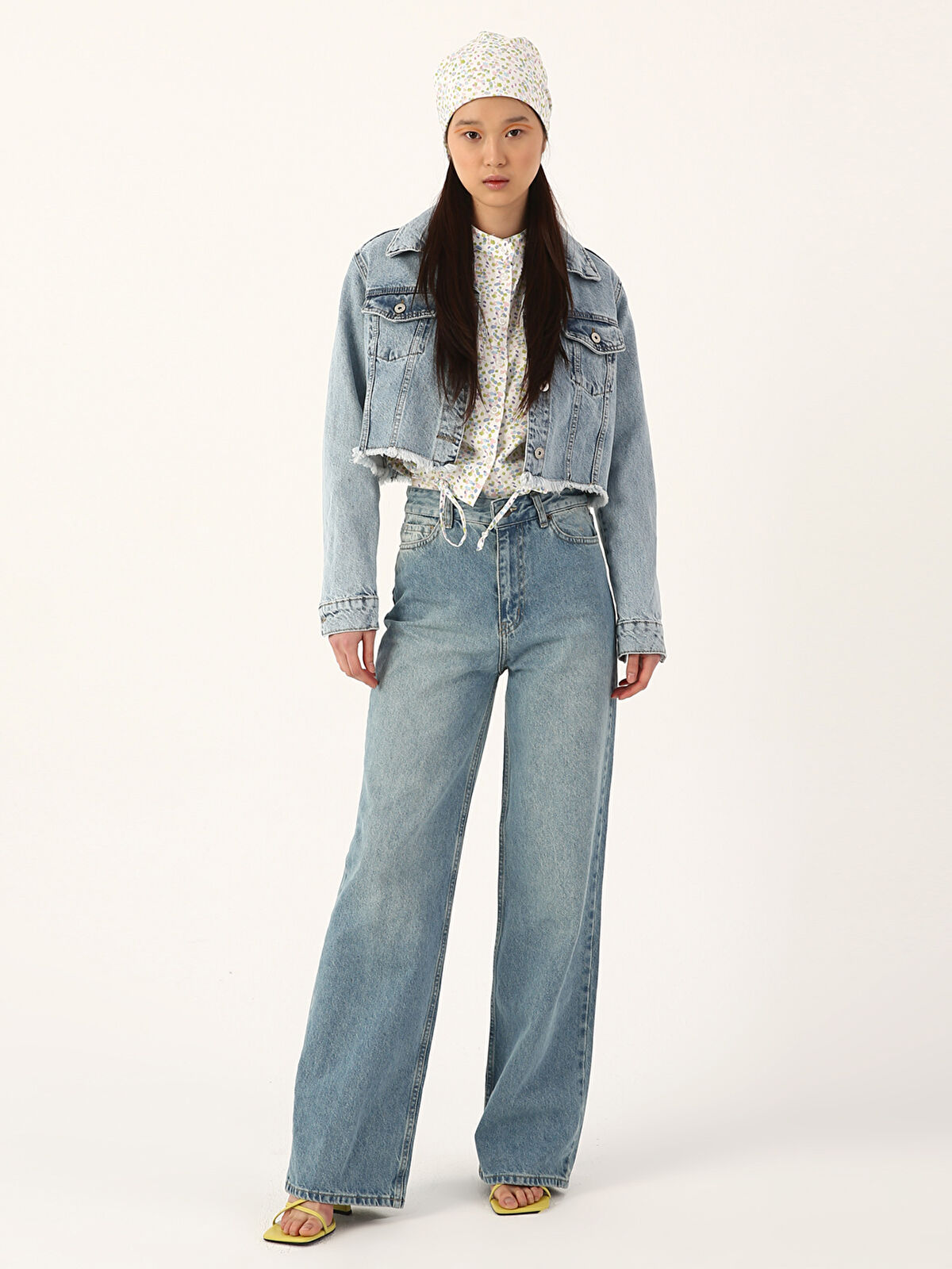 Allday Gömlek Yaka Düz Uzun Kollu Crop Kadın Jean Ceket